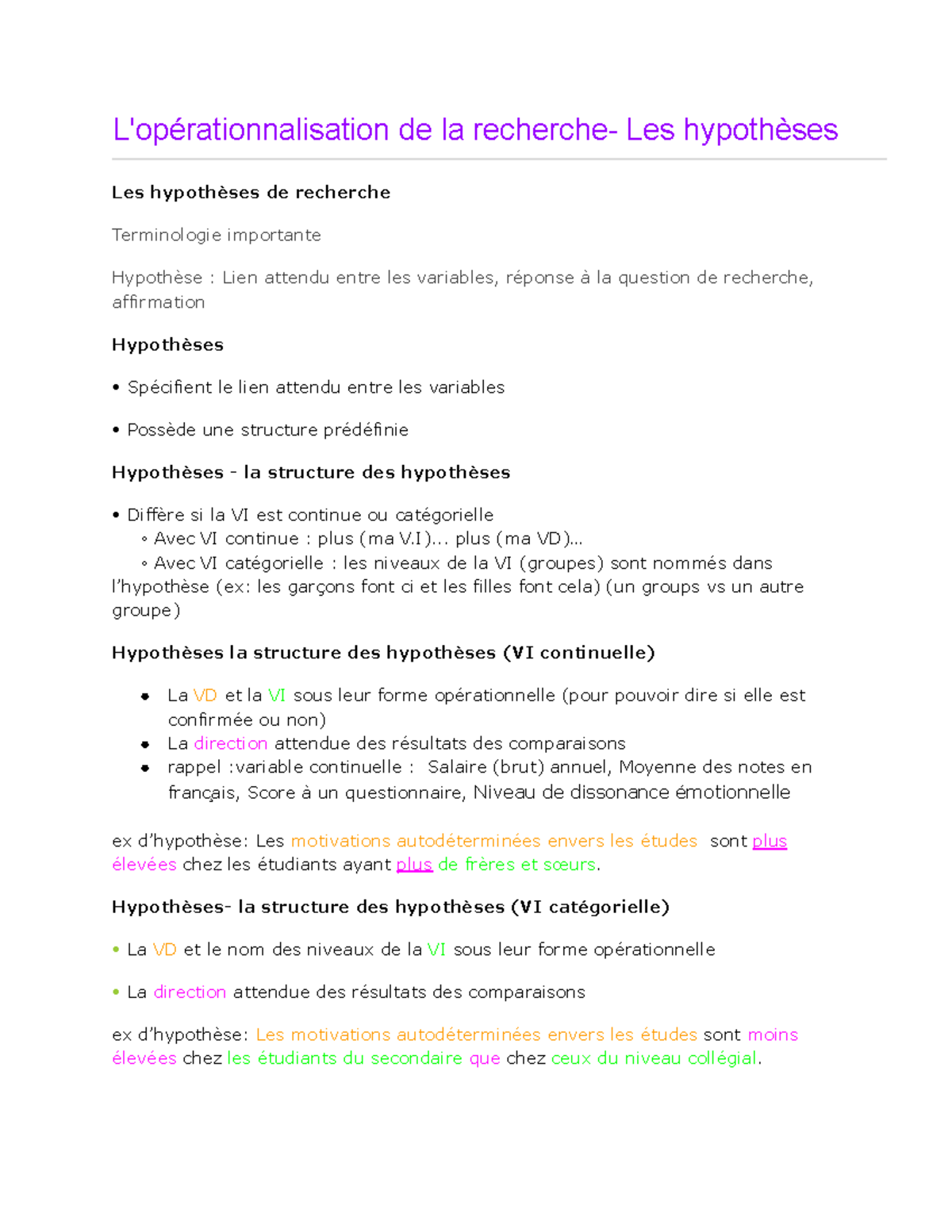 MEV1903- Les hypothèses - L'opérationnalisation de la recherche- Les ...