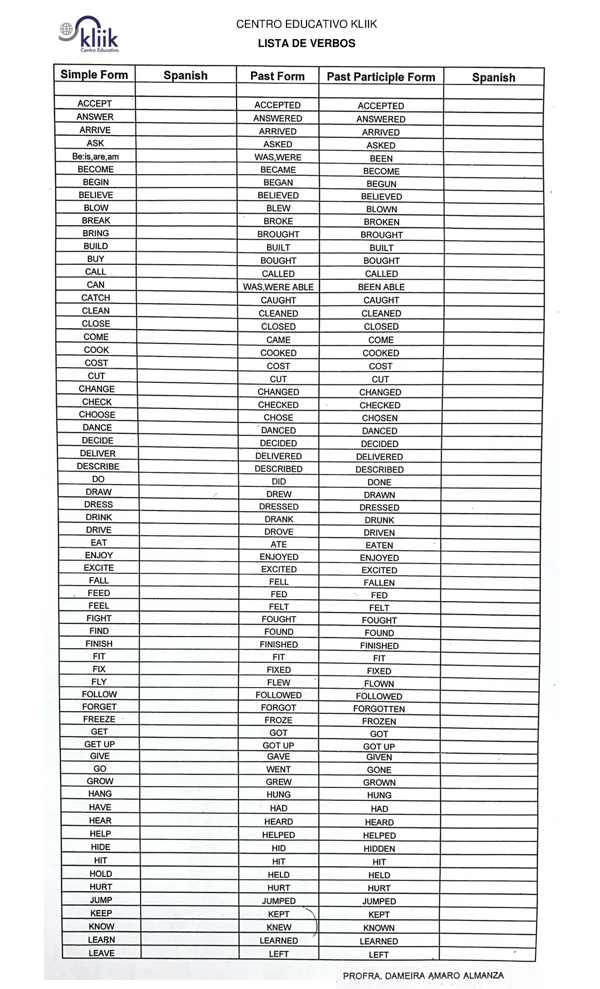 Lista DE Verbos PDF - Inglés progresivo 3 - CENTRO EDUCATIVO KLIIK ...