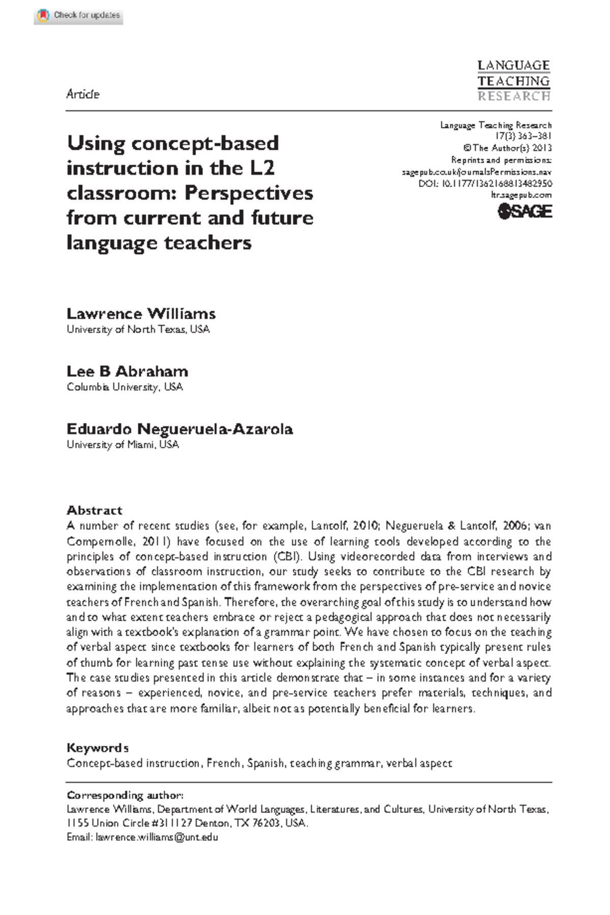 Williams et al 2013 using concept based instruction in the l2 classroom perspectives from ...