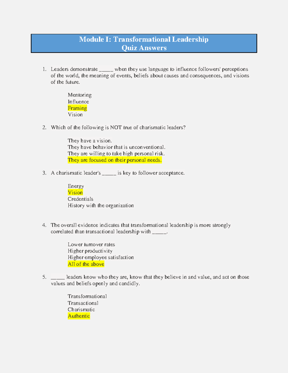 Module I TL Quiz Answers um90m4 - Module I: Transformational Leadership ...