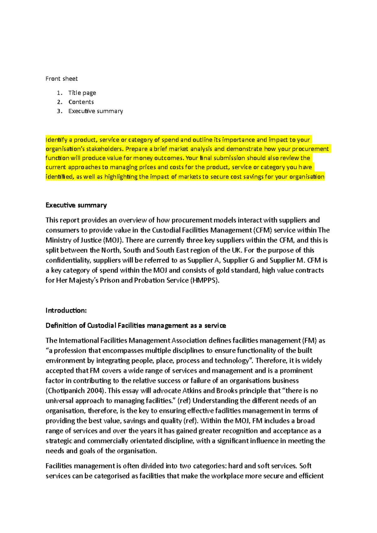 First draft Essay 1 - Commercial Manangement - Front sheet Title page ...