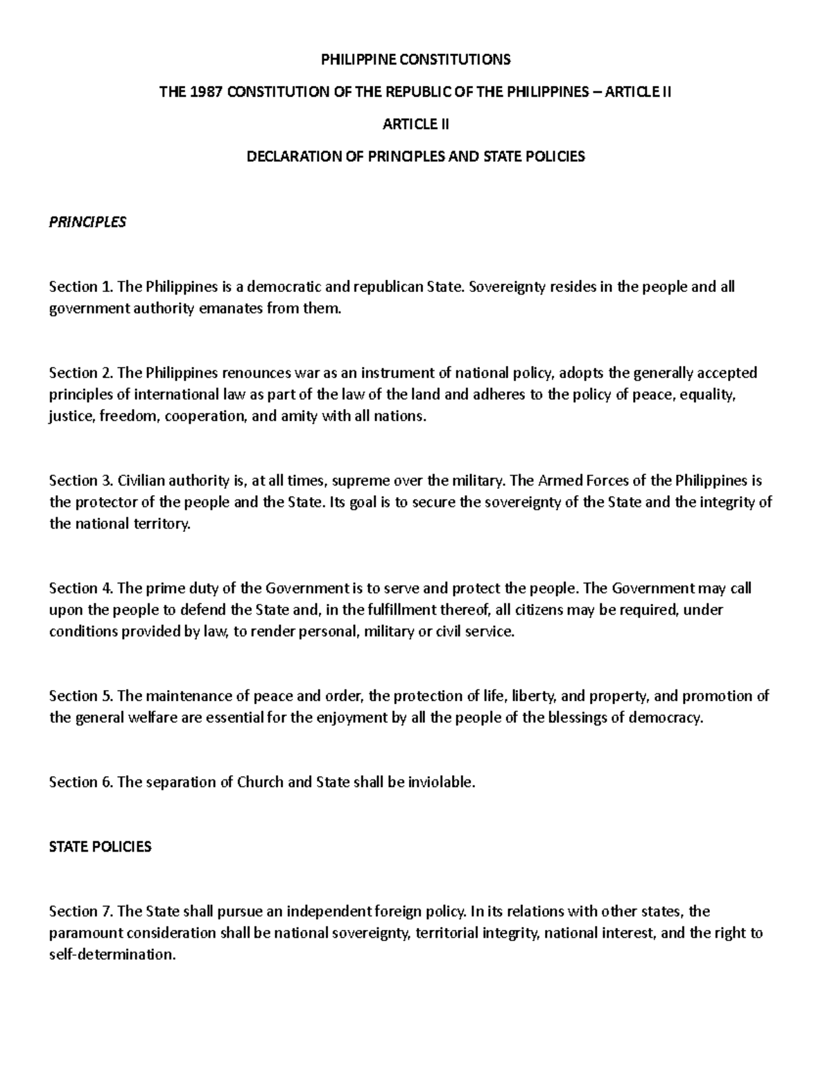 Article 2 - Declaration of State policies and principles - PHILIPPINE ...
