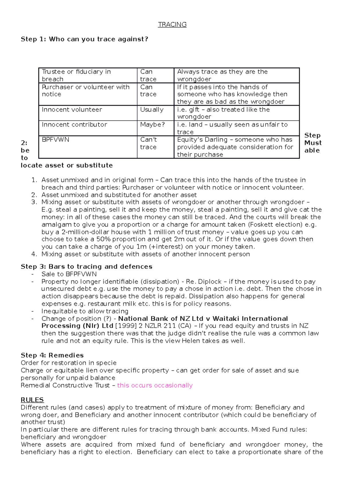 Tracing exam notes - TRACING Step 1: Who can you trace against? Step 2 ...