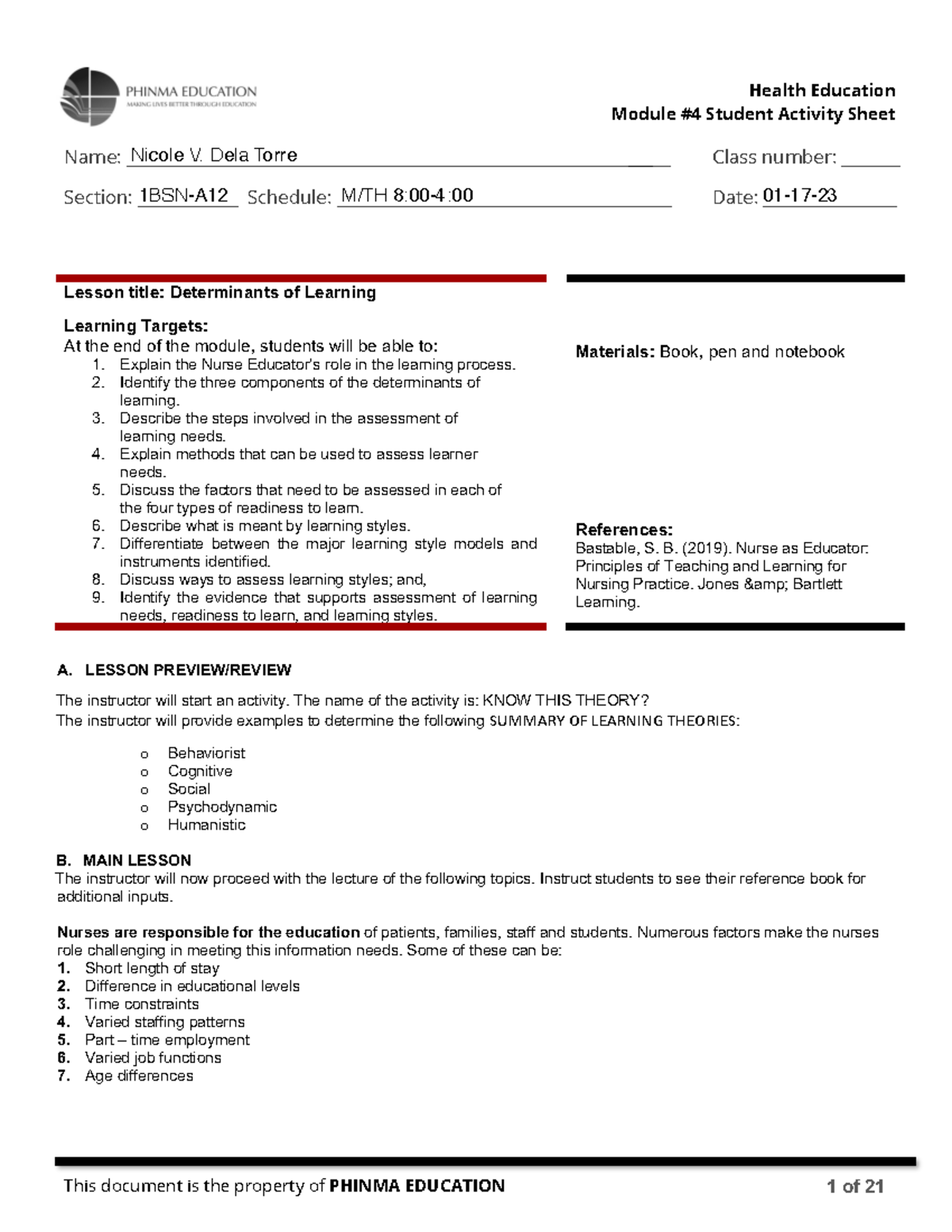 Dela Torre, Nicole HE SAS 4 - Module #4 Student Activity Sheet Name ...