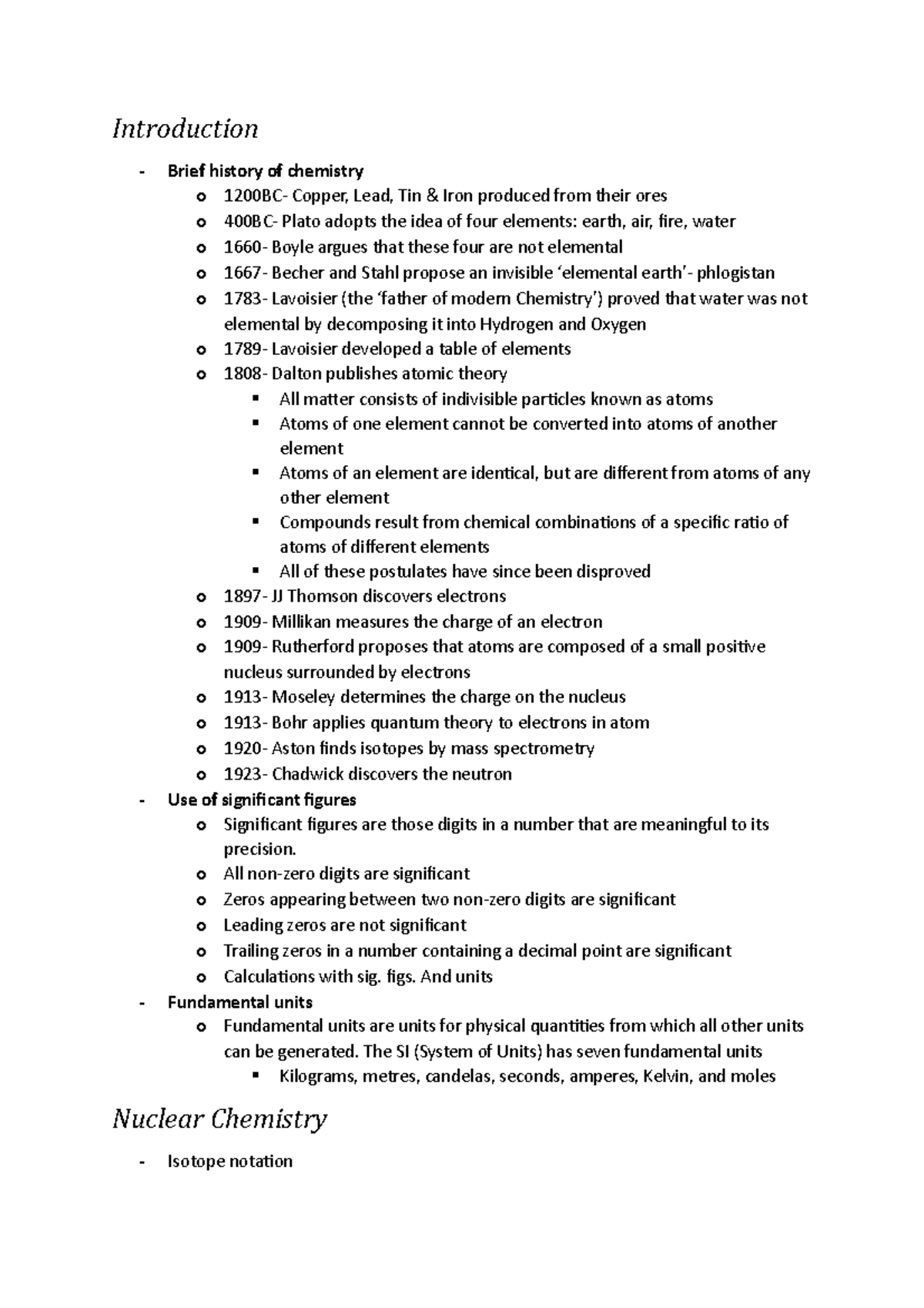 Chemistry 1A Notes - Introduction Brief history of chemistry o 1200BC ...