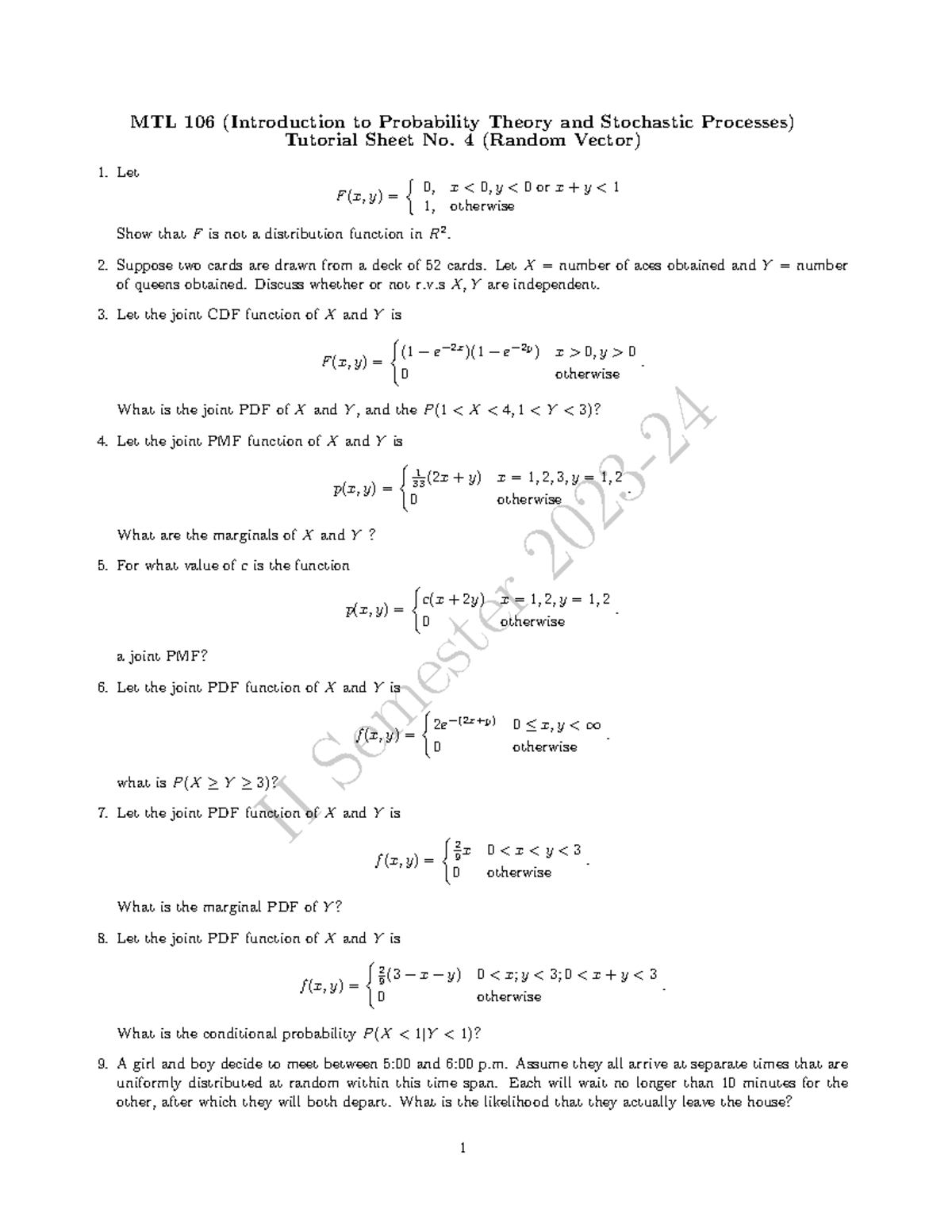 Tutsheet 4new - Tutorials - II Semester 2023- MTL 106 (Introduction to Probability Theory and ...