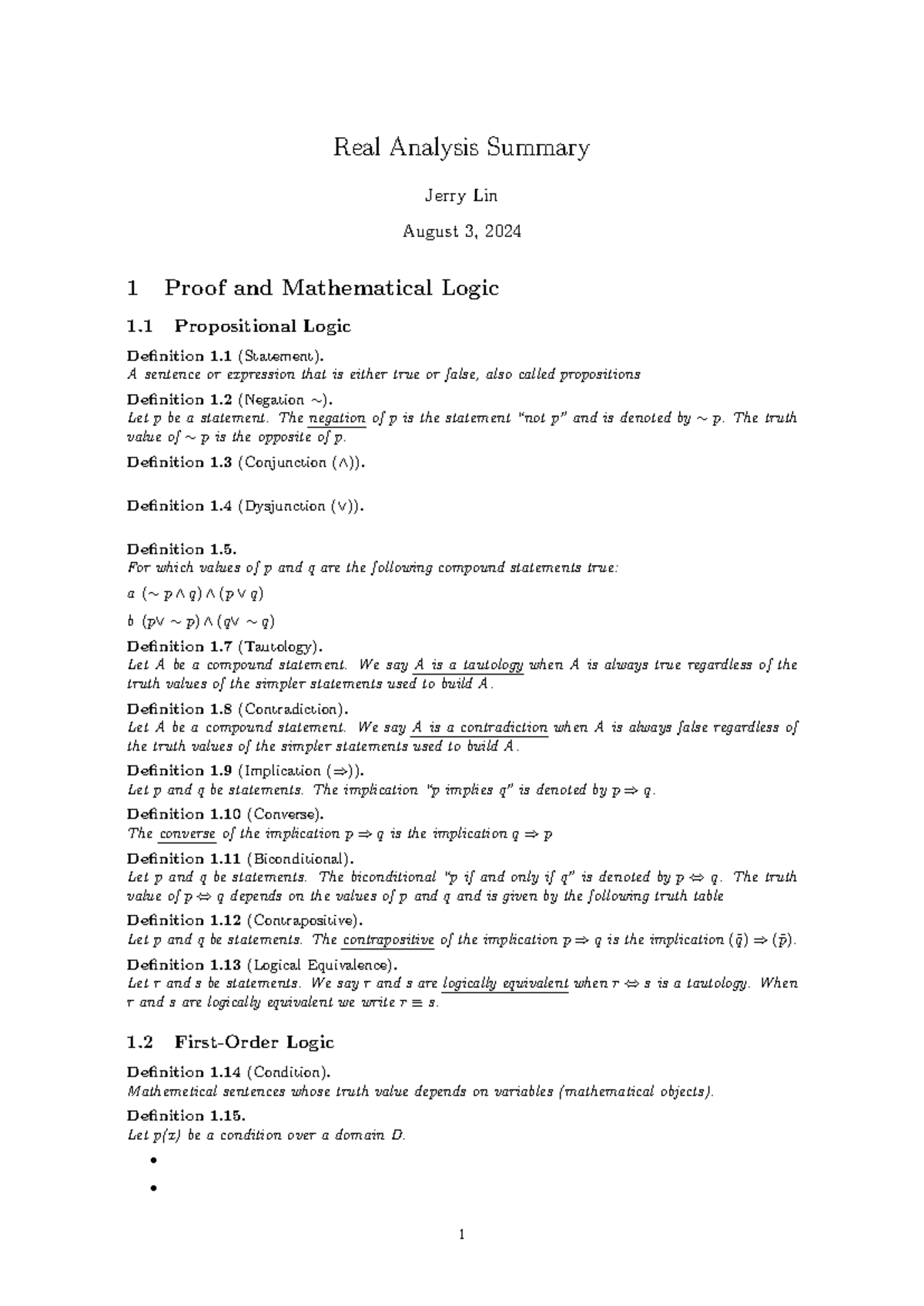 Summary - All formulas, definitions and theorems from MAST20026 - Real Analysis Summary Jerry ...