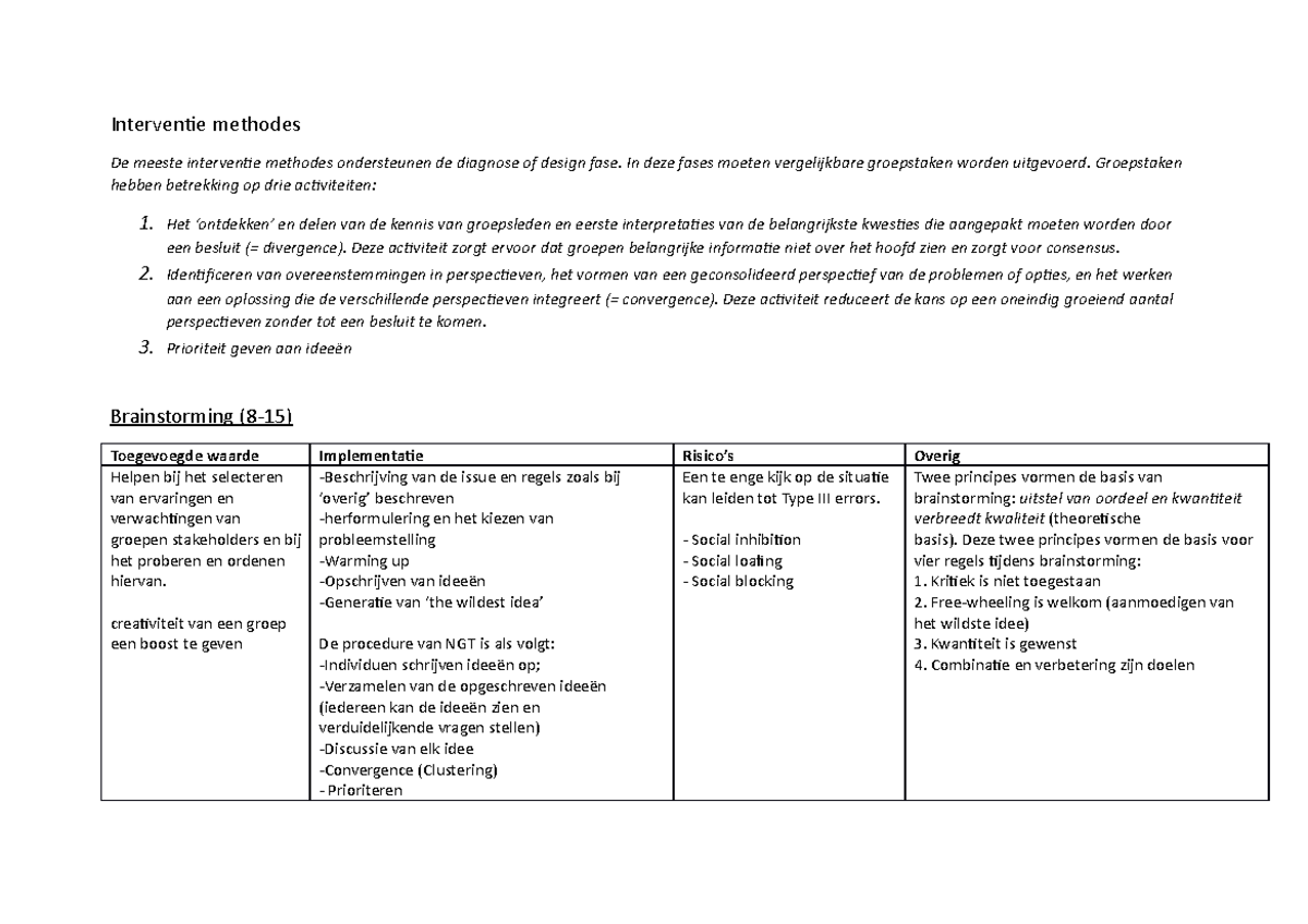 IM overzicht methodes - Interventie methodes De meeste interventie ...