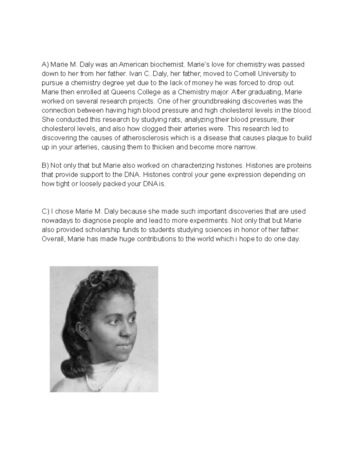 A short paragraph about Marie M. Daly - A) Marie M. Daly was an ...