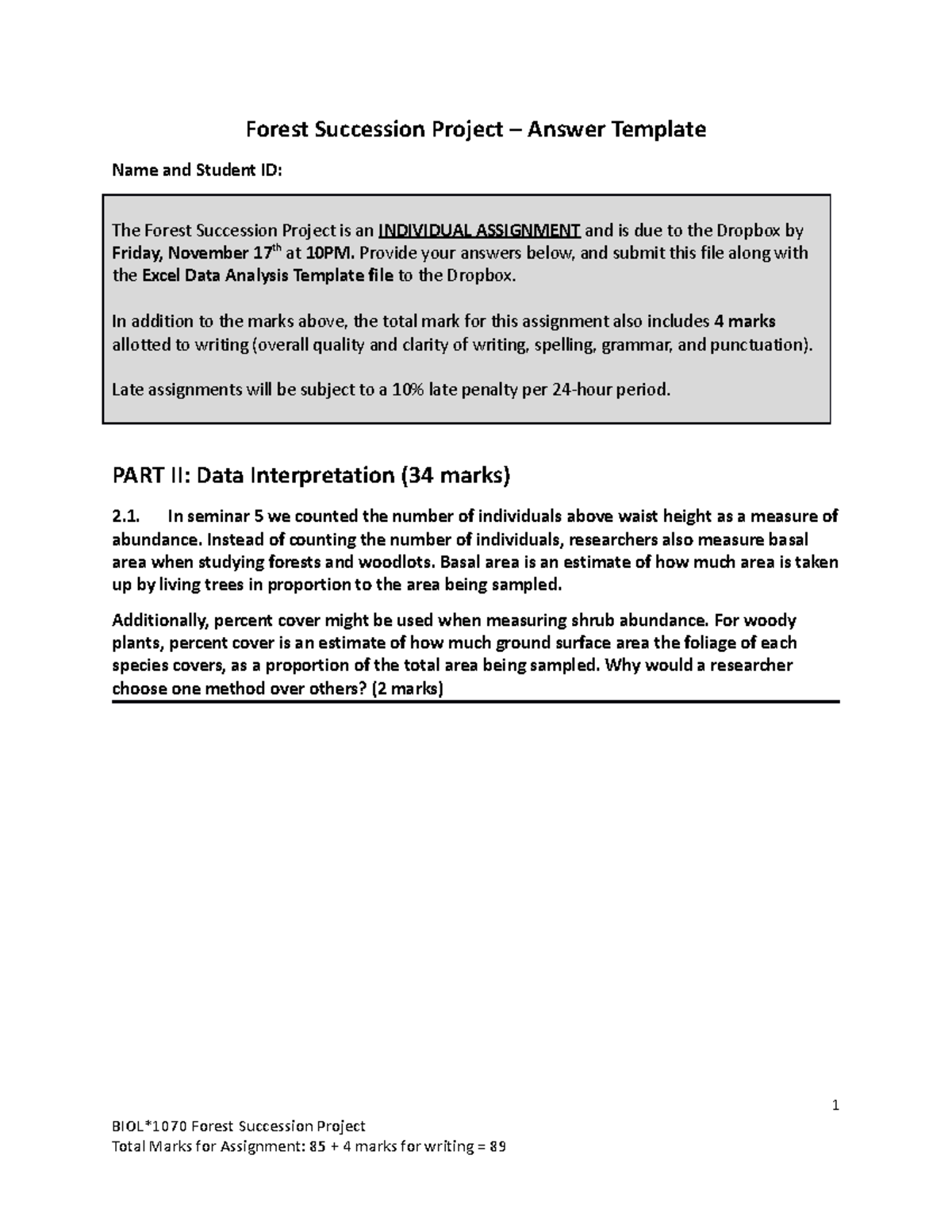 Fo SP Written Answer Template - Forest Succession Project – Answer ...