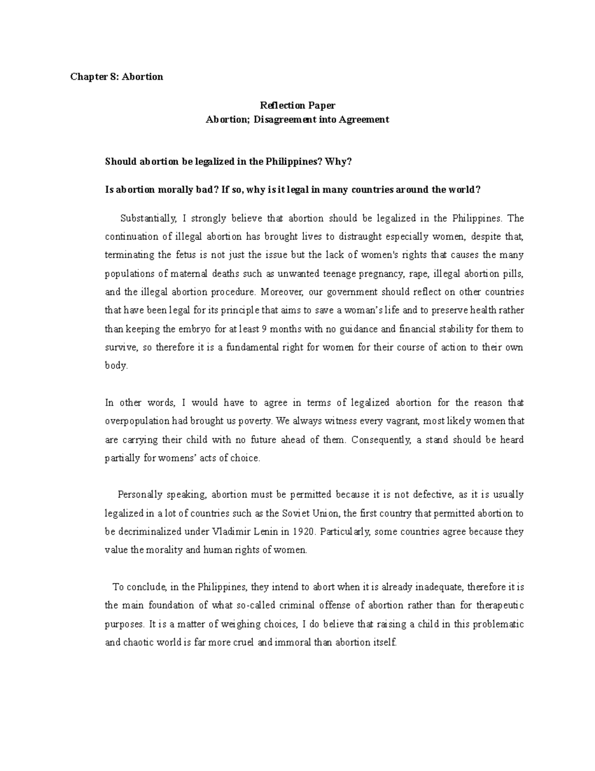 Chapter 8 Abortion - Chapter 8: Abortion Reflection Paper Abortion ...