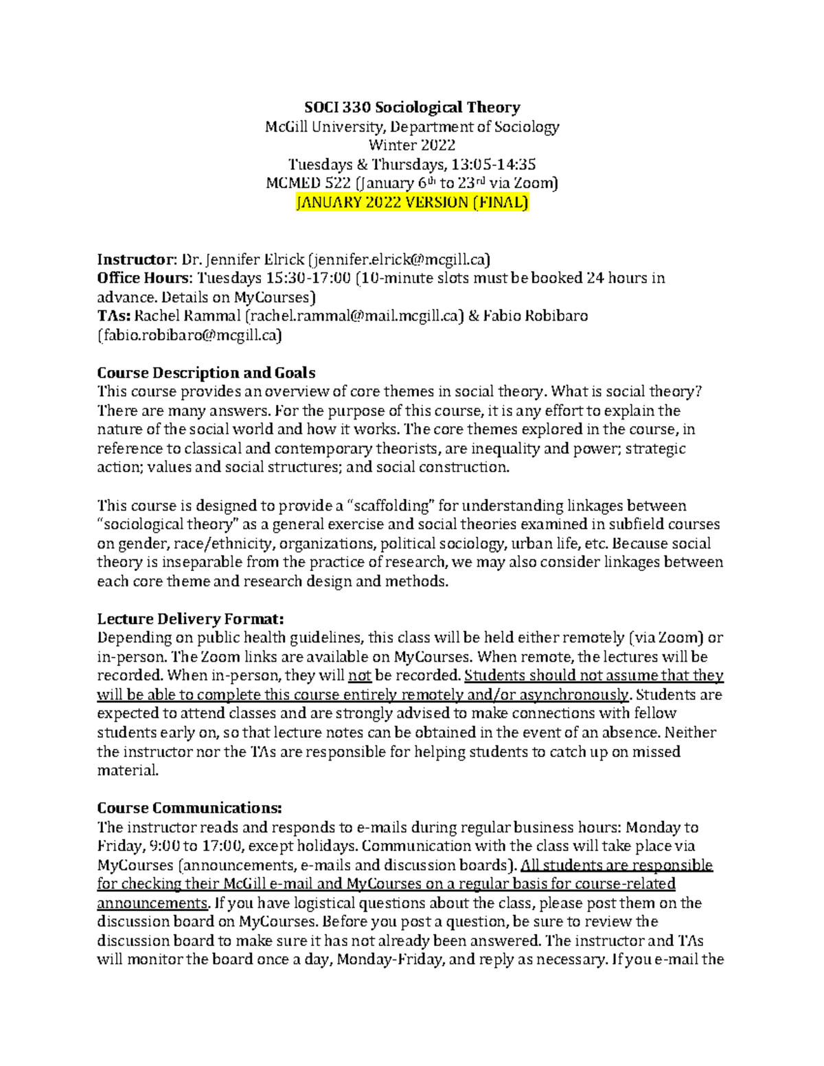 SOCI-330 Winter 2022 - Syllabus - SOCI 330 Sociological Theory McGill ...