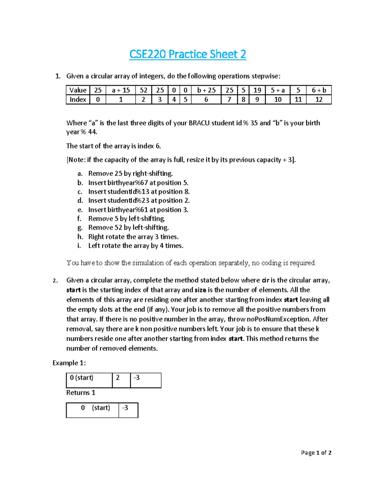 CSE220 Practice Sheet 02 - Circular Arrays - Page 1 of 2 CSE 220 Practice Sheet 2 Given a ...