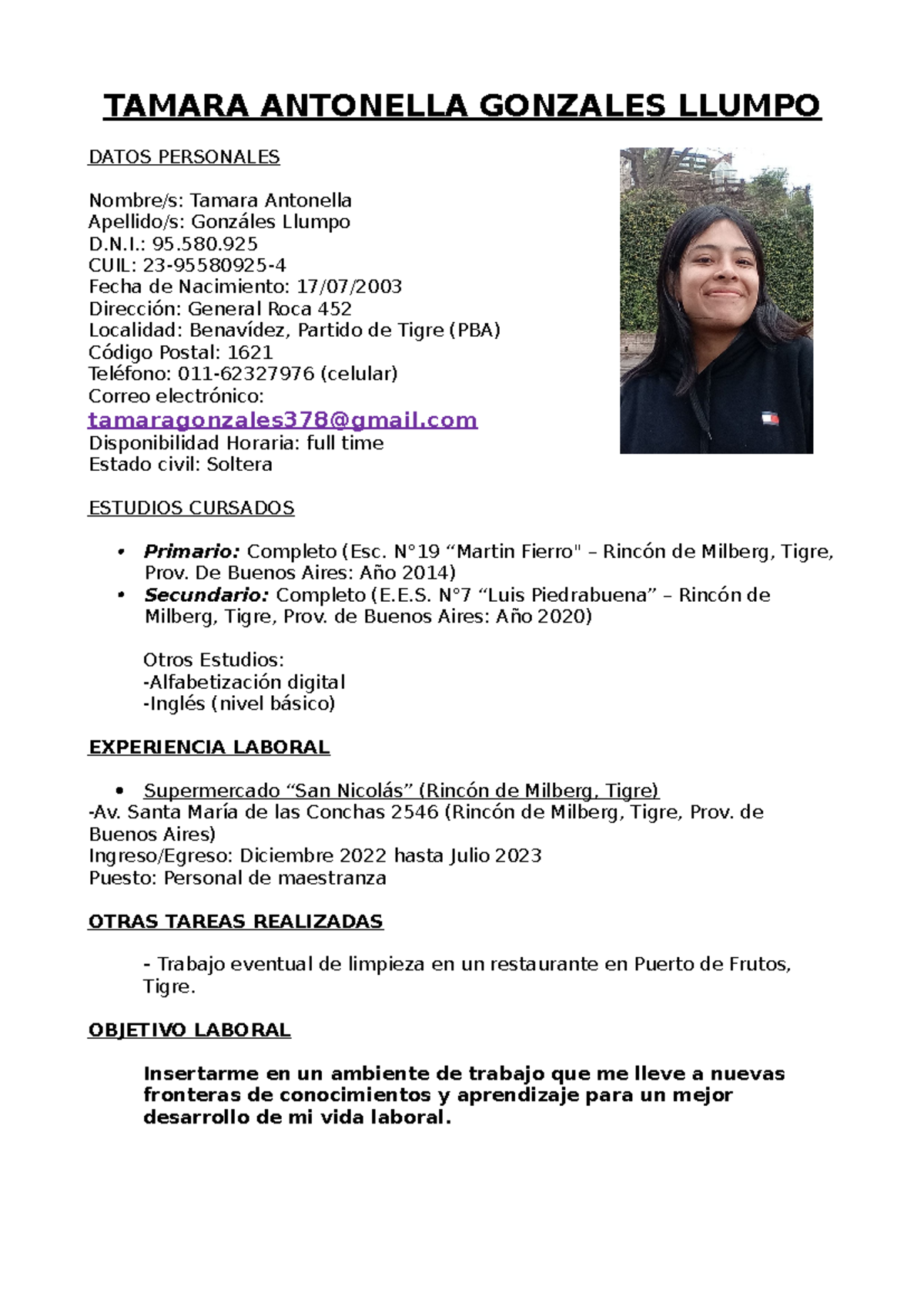 CV Tamara Gonzáles - TAMARA ANTONELLA GONZALES LLUMPO DATOS PERSONALES ...