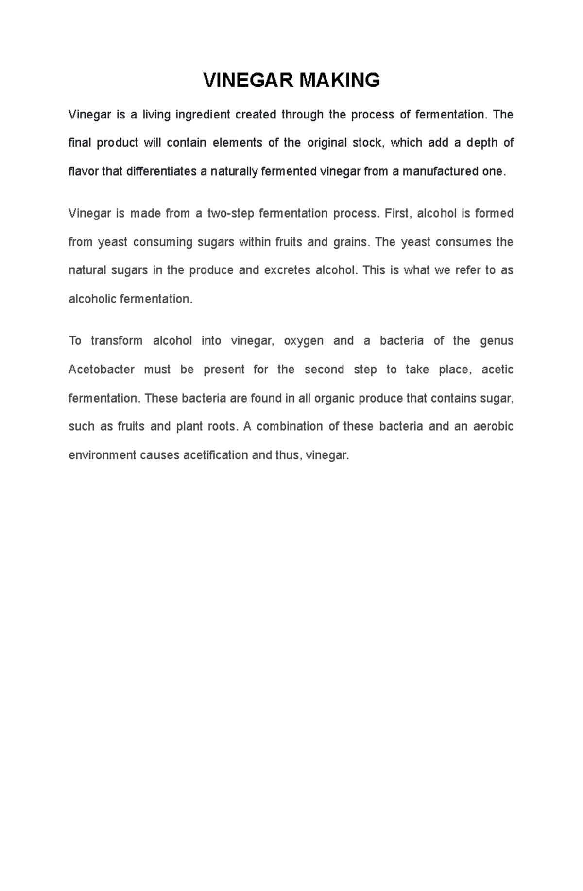 Vinegar- Making - COMPREHENSIVE - VINEGAR MAKING Vinegar is a living ...