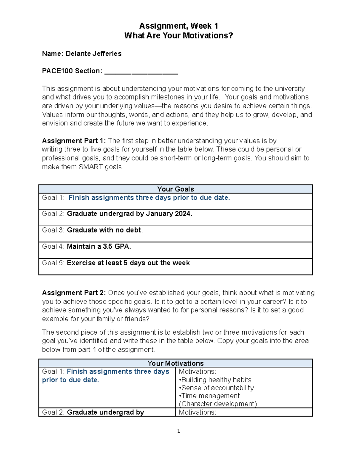 PACE 100 Assignment 1 - N/A - What Are Your Motivations? Name: Delante Jefferies PACE100 Section ...