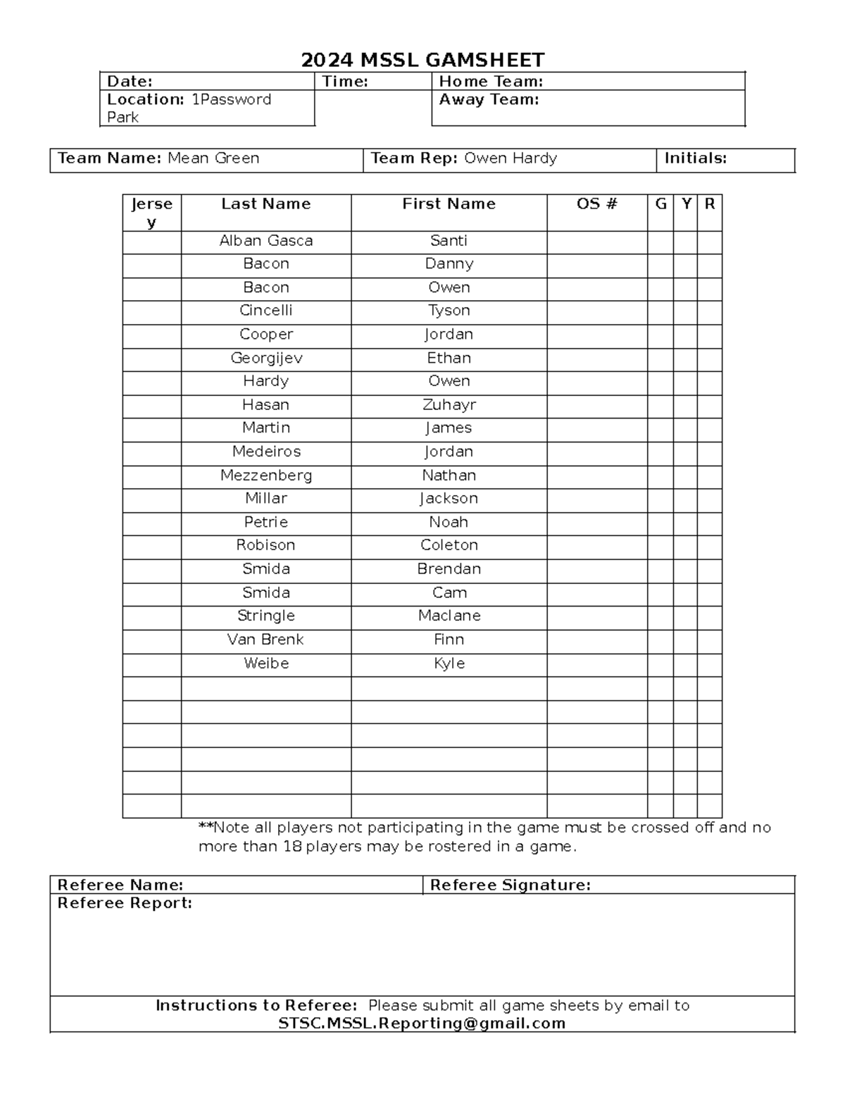 MSSL Gamesheet - Mean Green - 2024 MSSL GAMSHEET Date: Time: Home Team ...