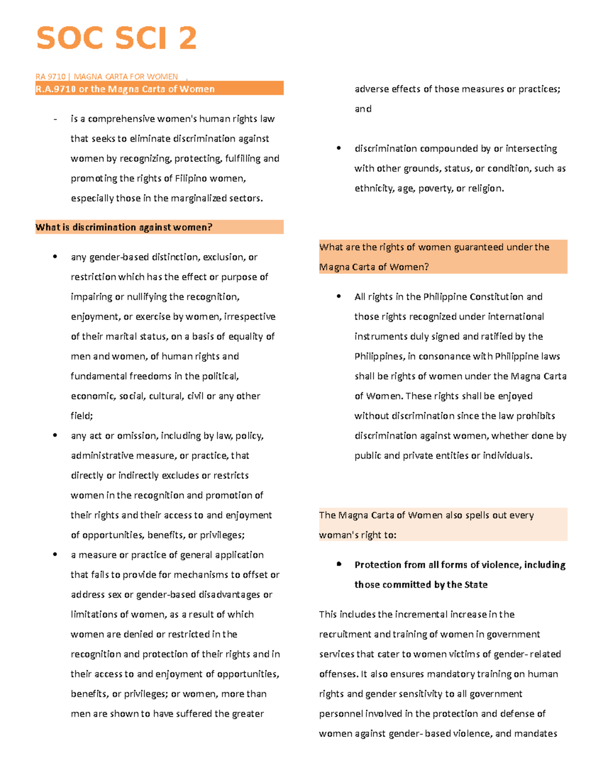 RA 9710 magna carta - SOC SCI 2 RA 9710 | MAGNA CARTA FOR WOMEN R.A or ...