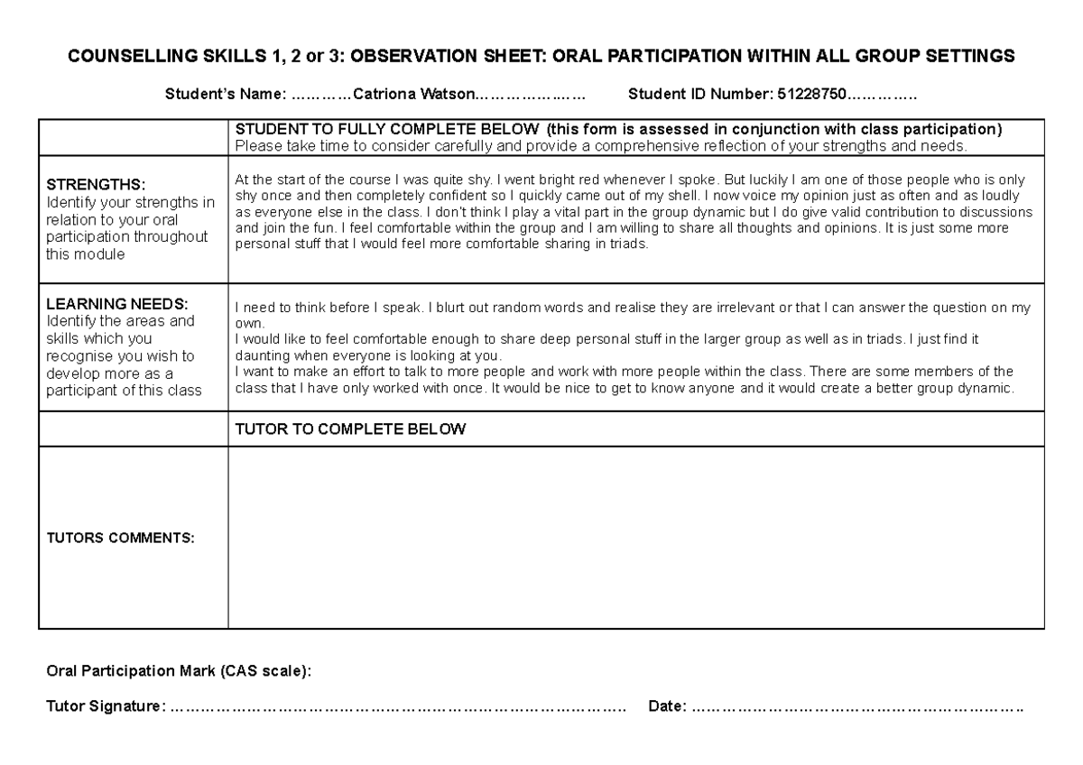 Oral Participation Self Reflection Sheet - COUNSELLING SKILLS 1, 2 or 3 ...