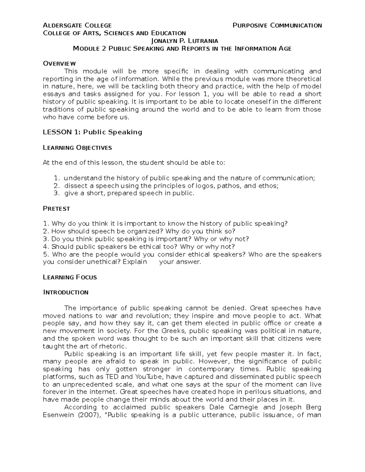 Module 2 Public Speaking - COLLEGE OF ARTS, SCIENCES AND EDUCATION ...