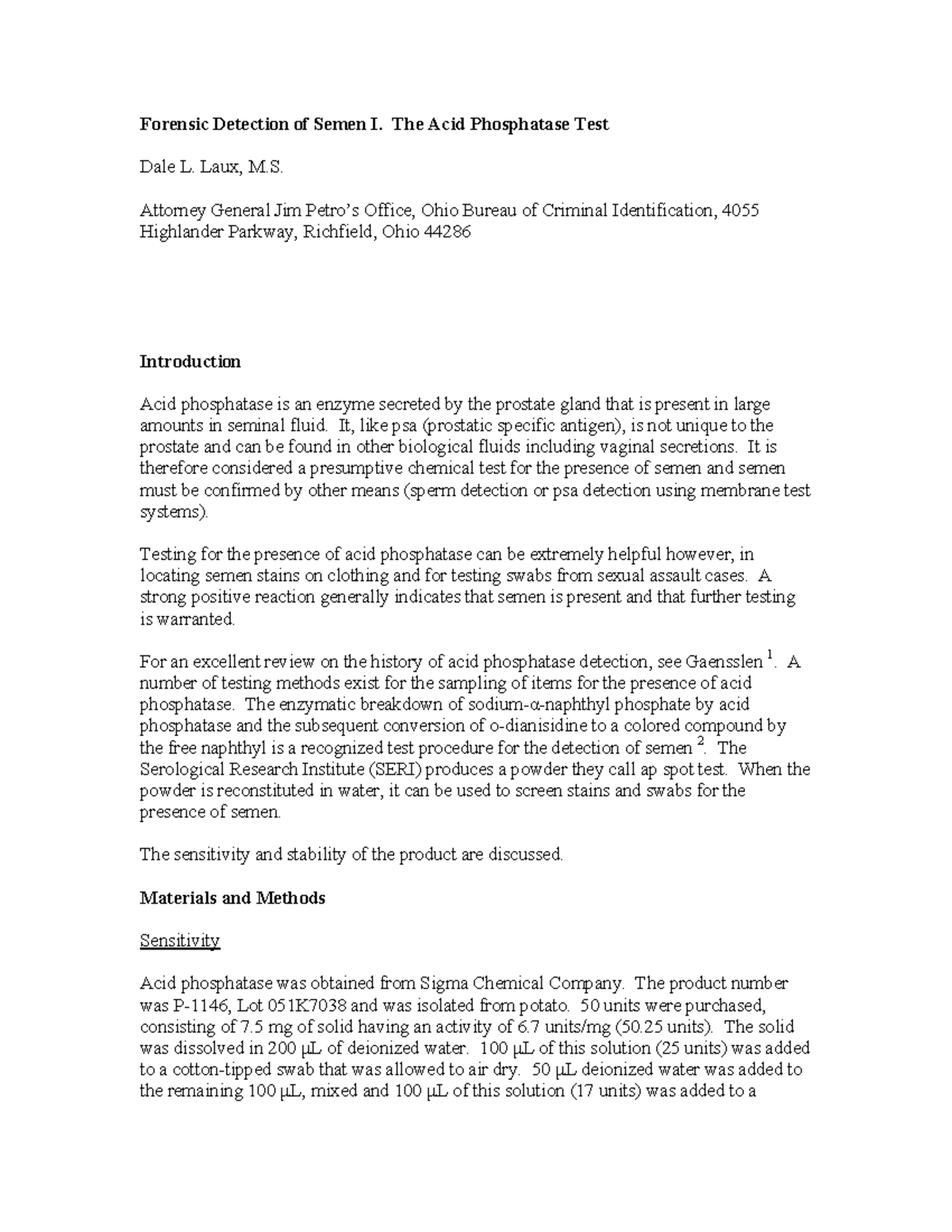 Laux. Forensic Detection of Semen I. The AP Test - Forensic Detection ...