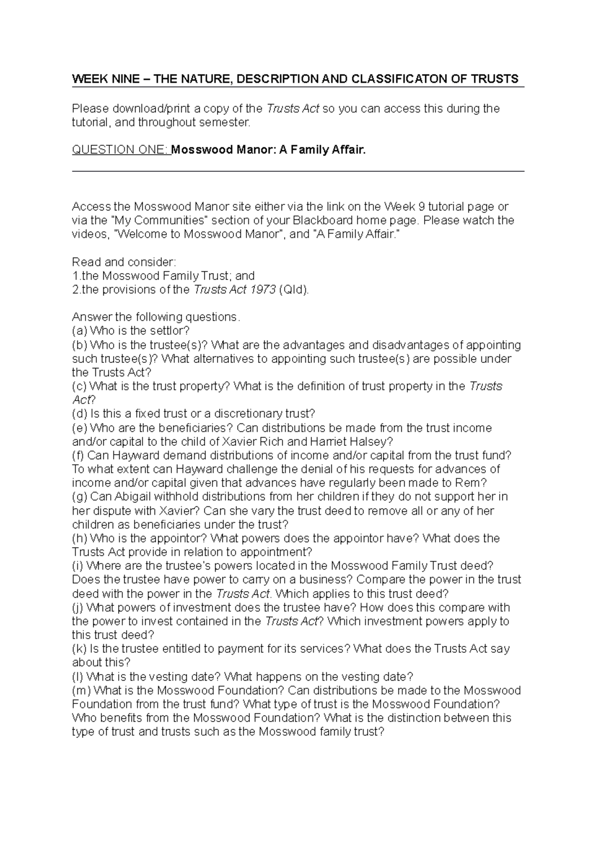 Week 9 Tutorial Questions (2021 Sem 2) - LLB205 - QUT - Studocu
