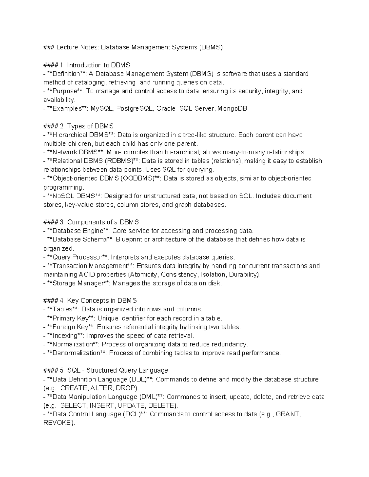 Understanding Database Management Systems Core Concepts And Modern Trends Lecture Notes