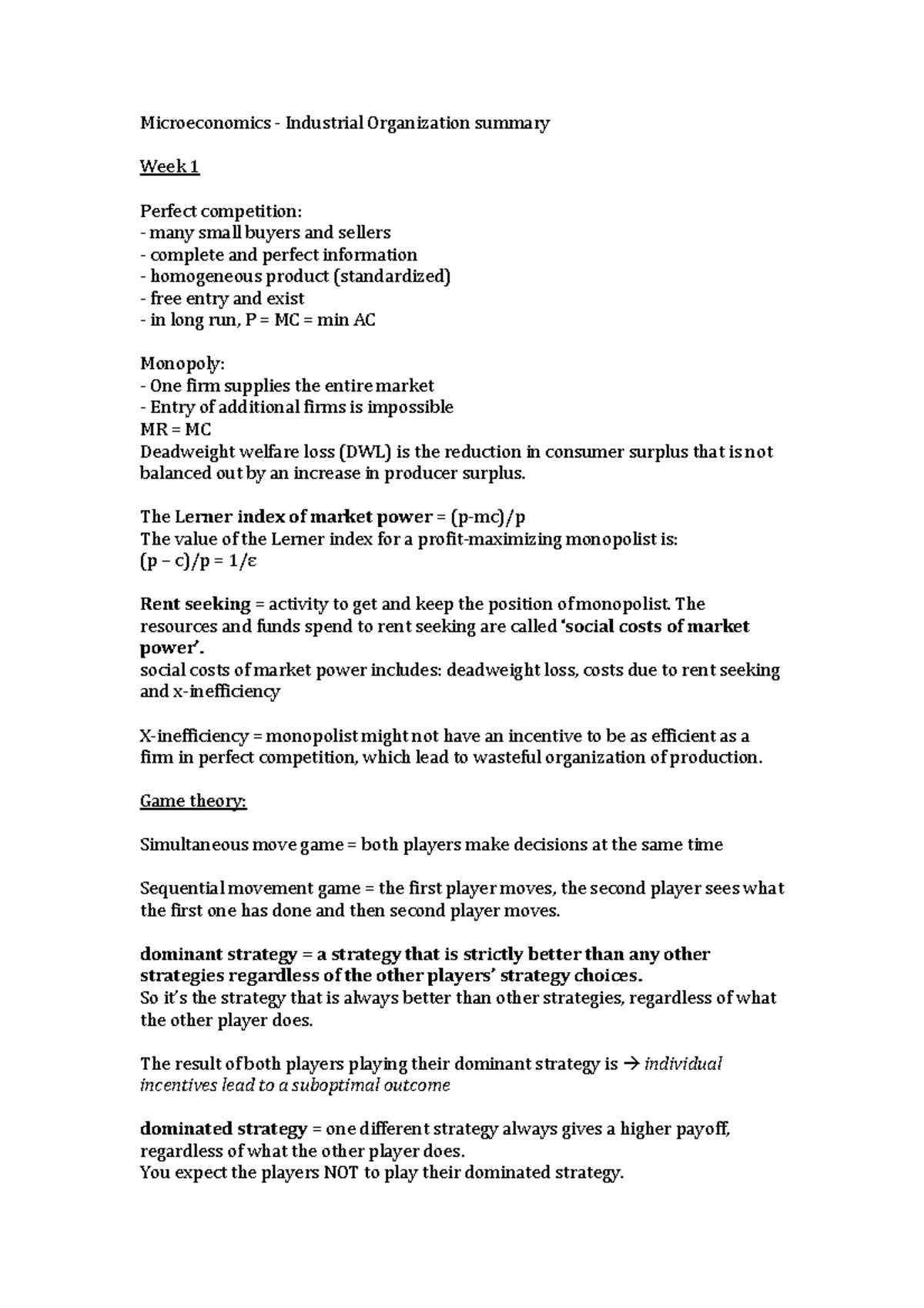 Summary Microeconomics - Industrial Organization: complete ...
