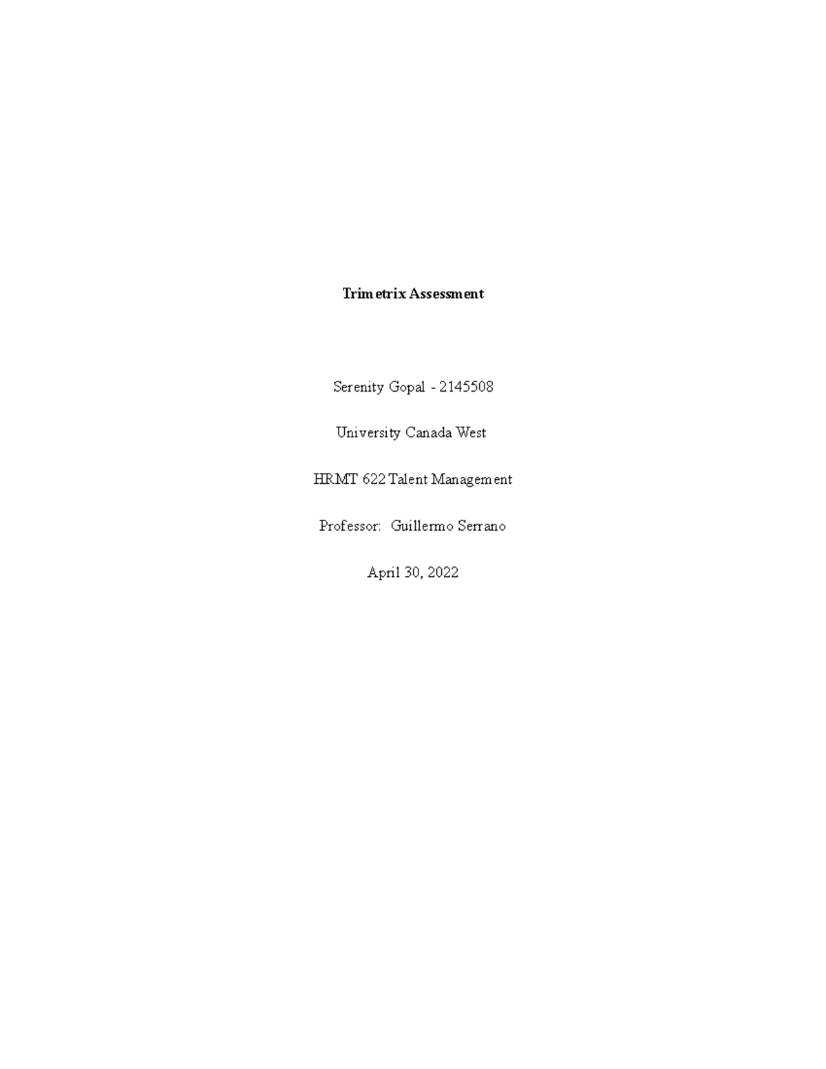 Trimetrix Assessment - HRMT 622 Talent Management - Trimetrix ...