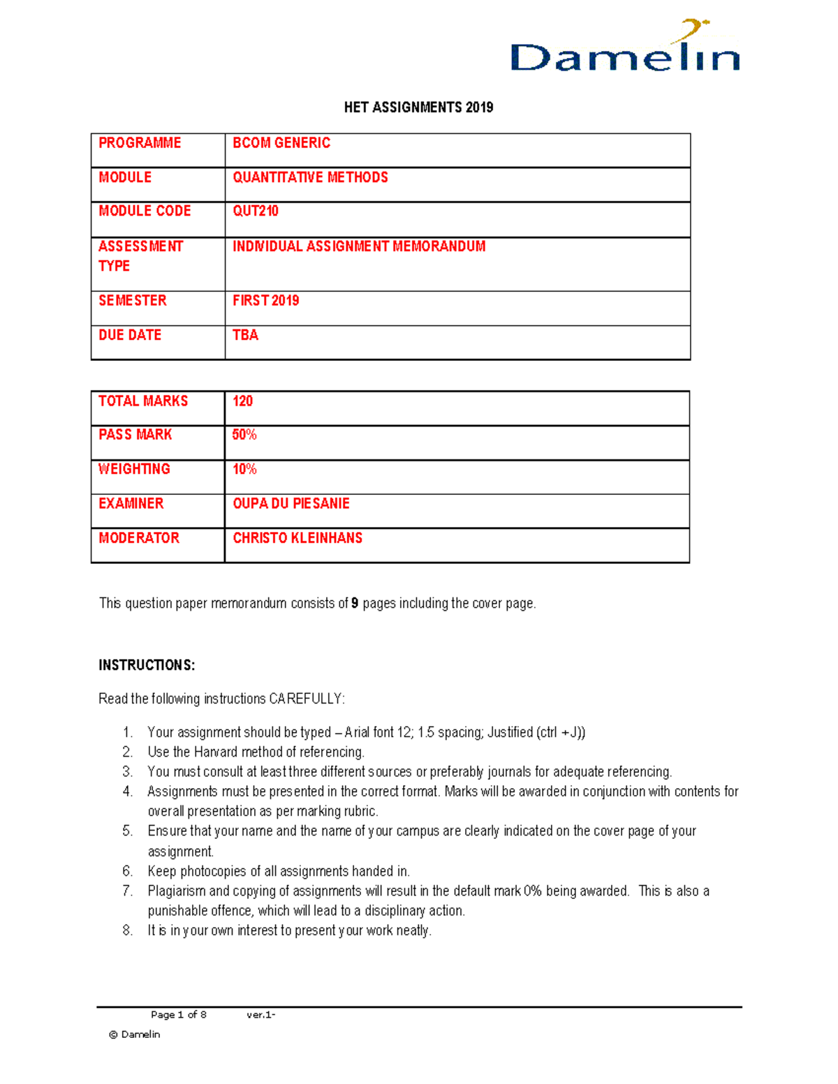 QT Individual Assignment Memo 2019 - Warning: TT: undefined function ...