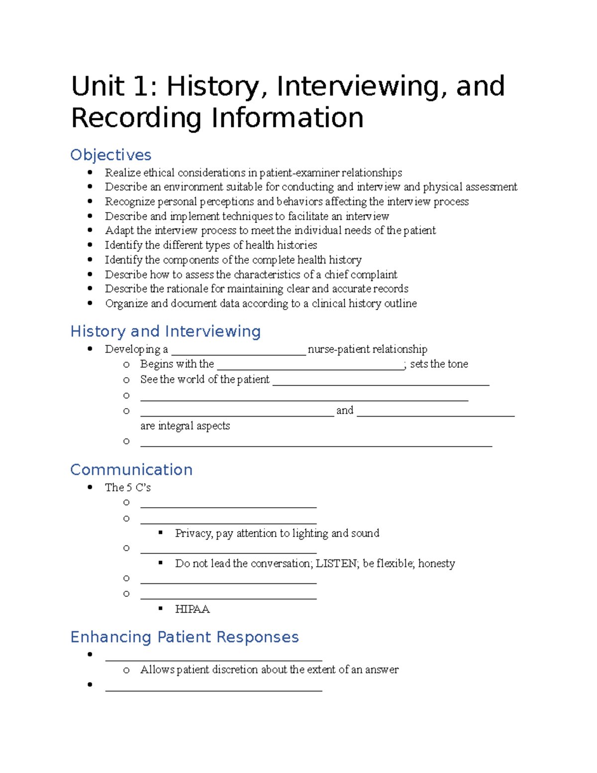 Unit 1 Notes - History, Interviewing, and Recording Information - Unit ...