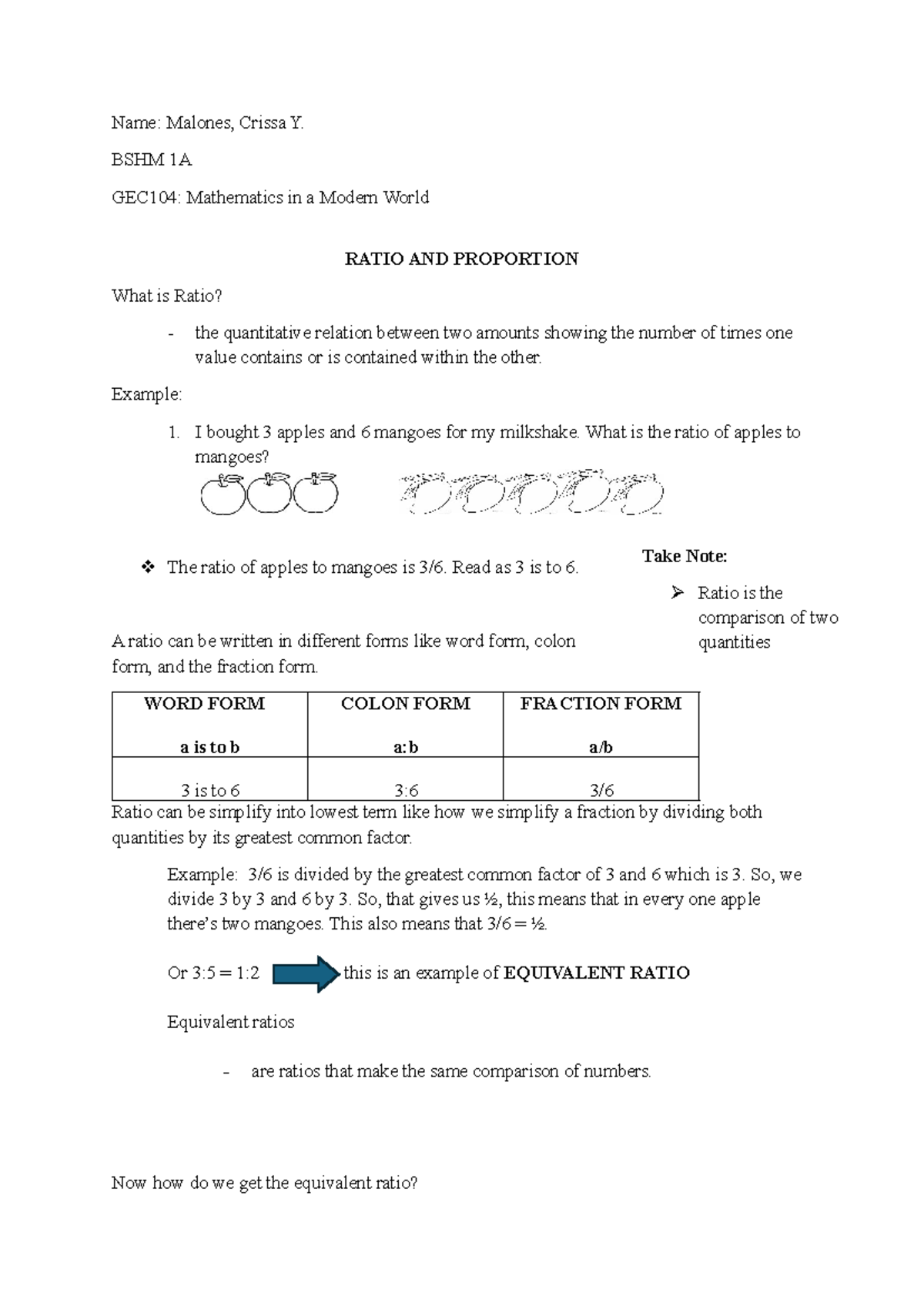 Ratio AND Proportion harvey report - Name: Malones, Crissa Y. BSHM 1A ...