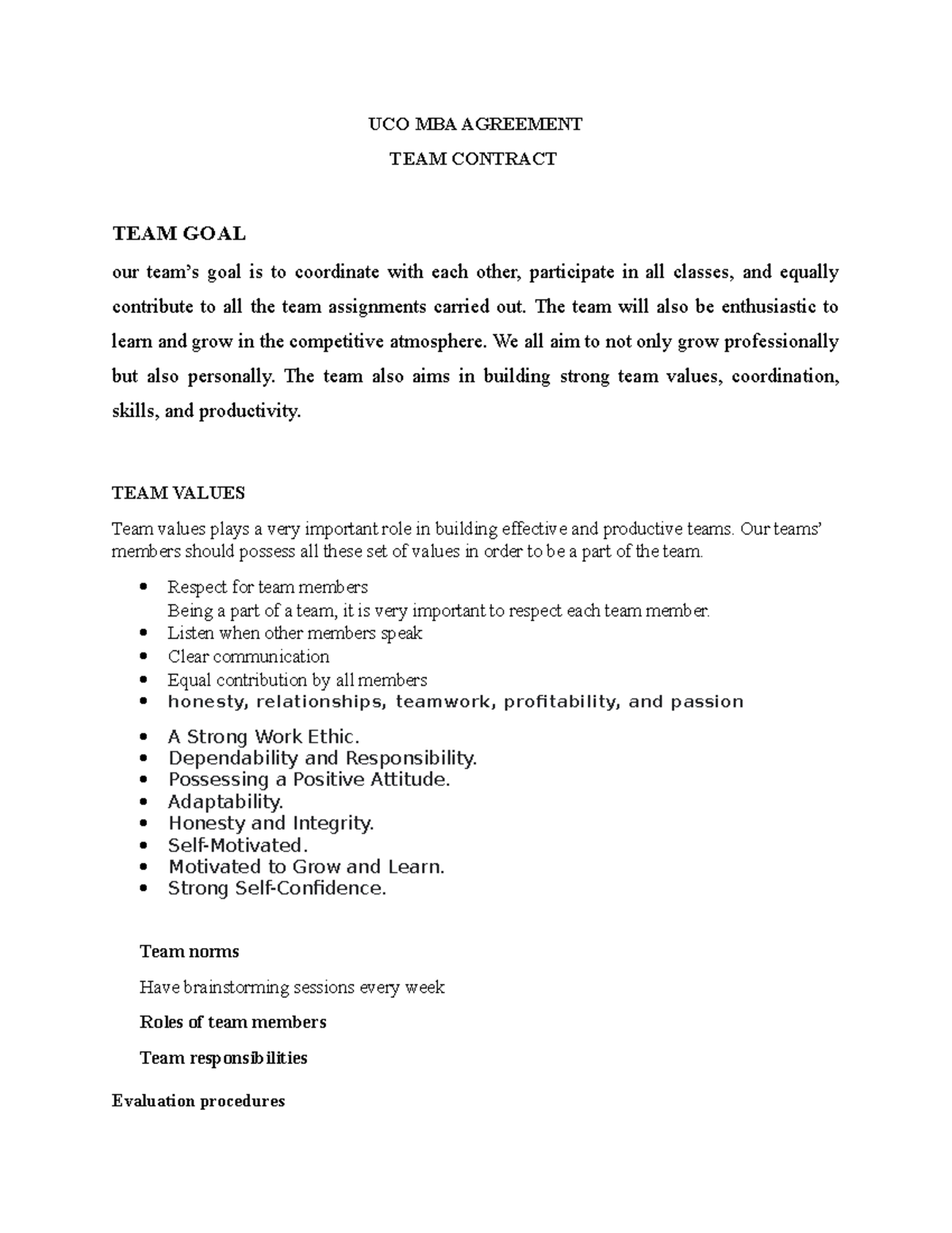 Building effective teams - contract 1 - UCO MBA AGREEMENT TEAM CONTRACT ...