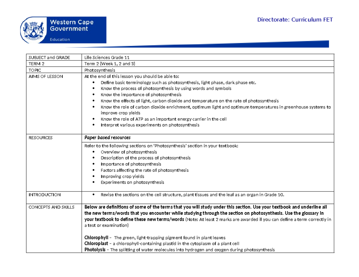 Final Grade 11 Life Sciences lesson 1 - SUBJECT and GRADE Life Sciences ...