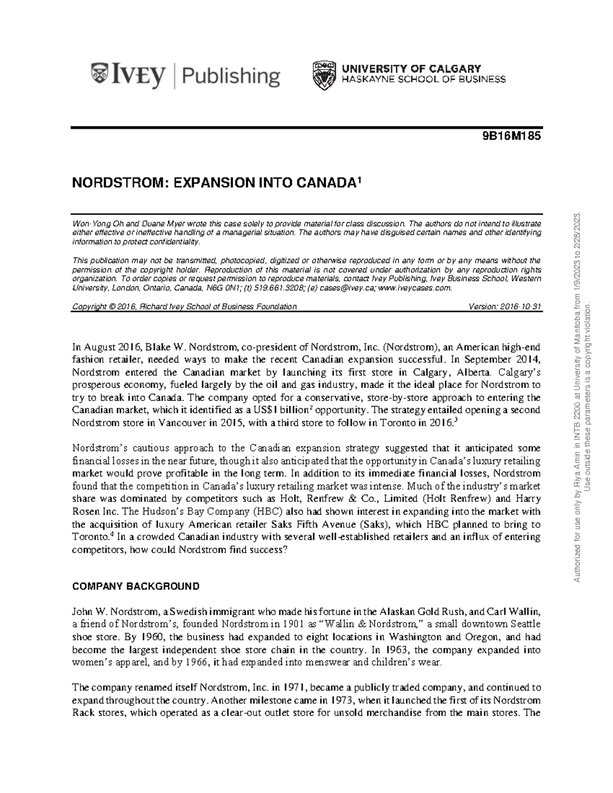 Nordstorm case - case study - 9B16M NORDSTROM: EXPANSION INTO CANADA 1 ...
