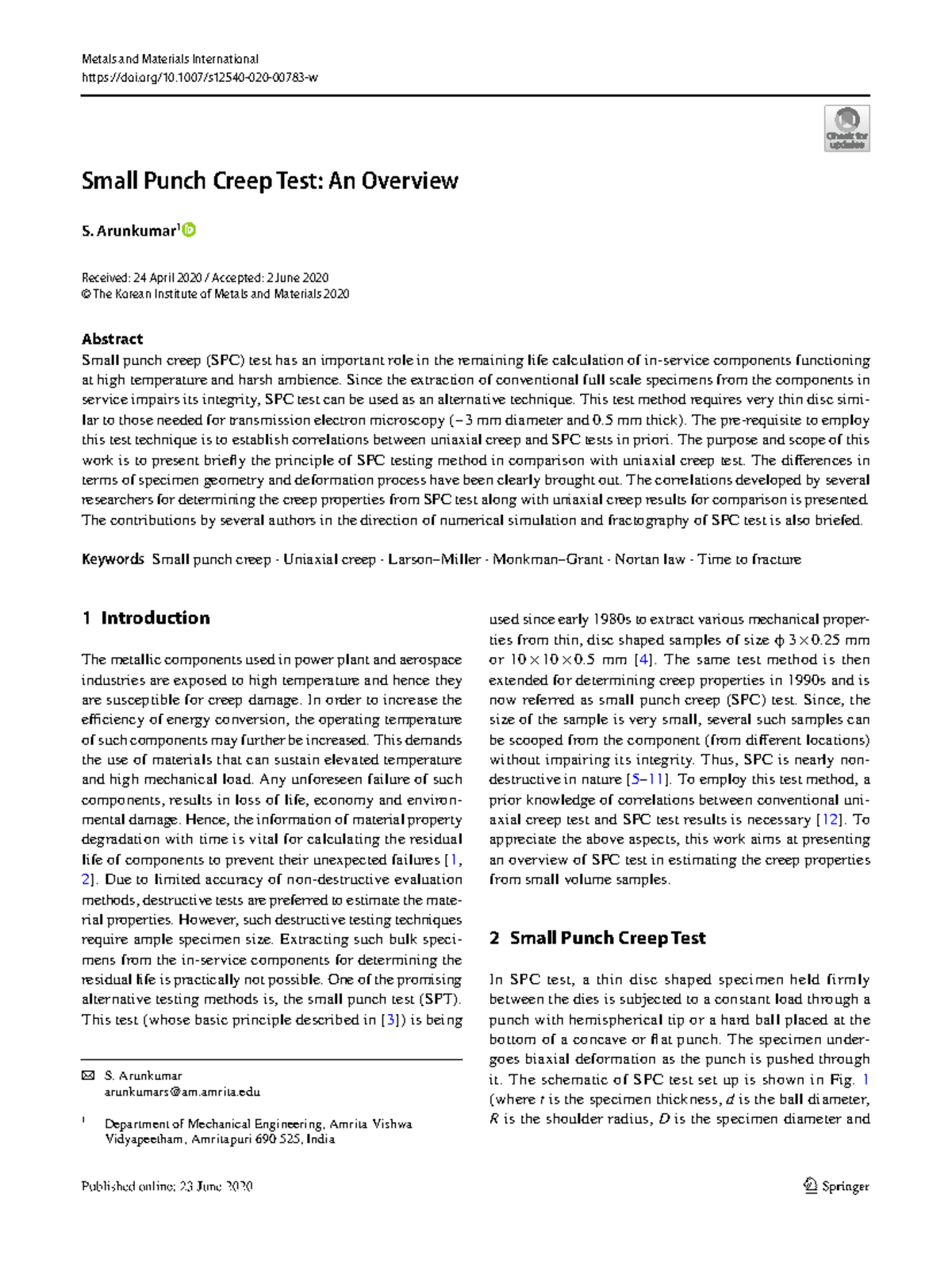 Small Punch Creep Test An Overview - Vol.:(0123456789)1 3 doi/10.1007 ...