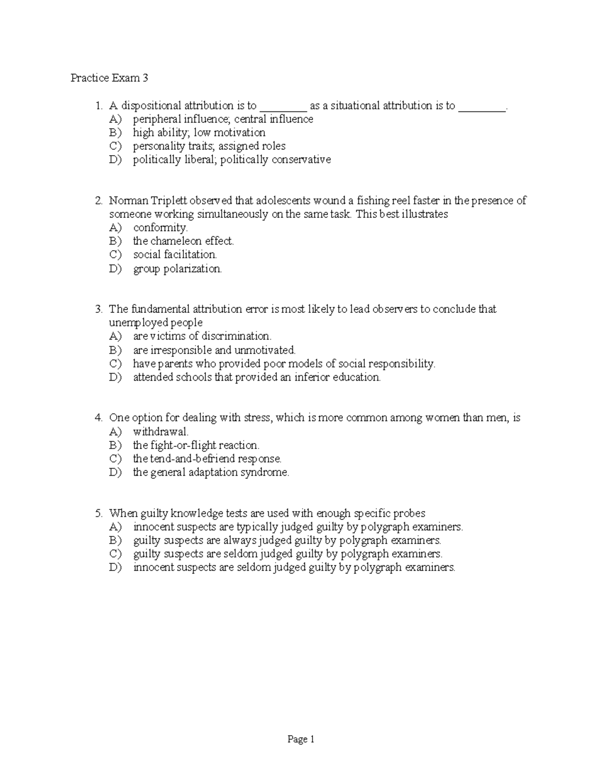 Psych 10 Shapiro Fall'10 Practice MT3 - Practice Exam 3 A dispositional ...
