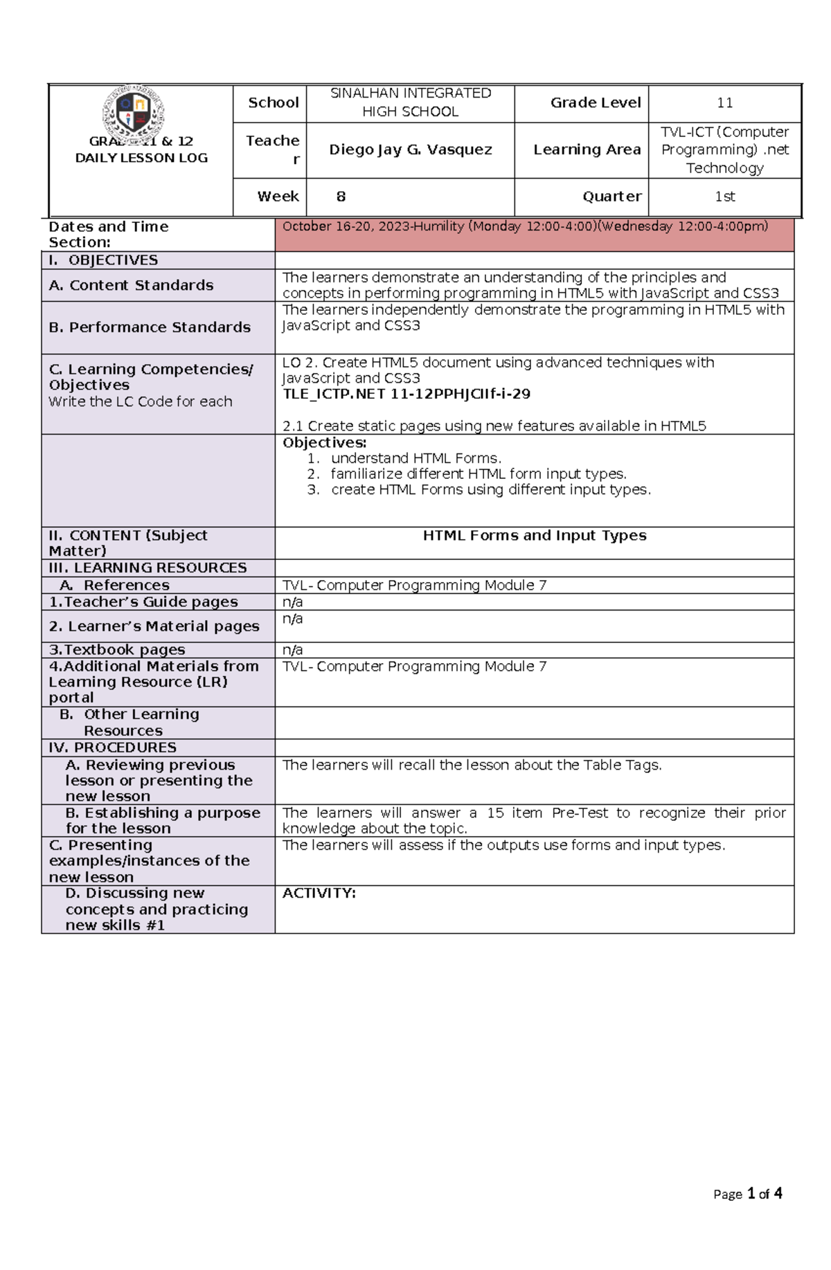 CP (.net Technology) DLL Q1 W8 - GRADE 11 & 12 DAILY LESSON LOG School ...