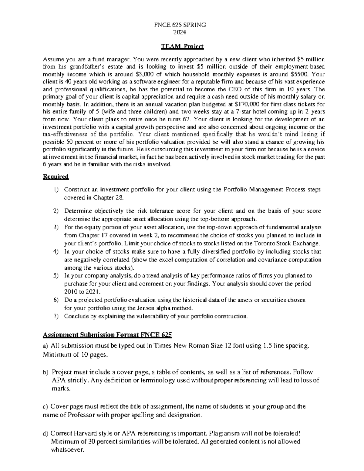 FNCE625 Teamassignment Fall 2024 Spring - FNCE 625 SPRING 2024 TEAM ...