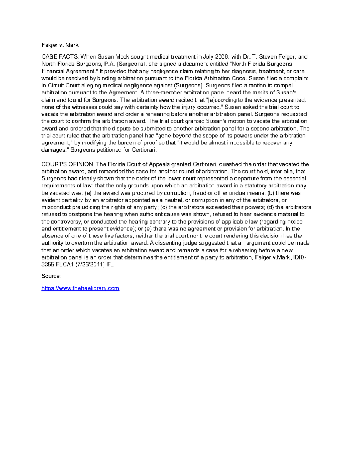 Felger v-2 - notes - Felger v. Mark CASE FACTS: When Susan Mock sought ...