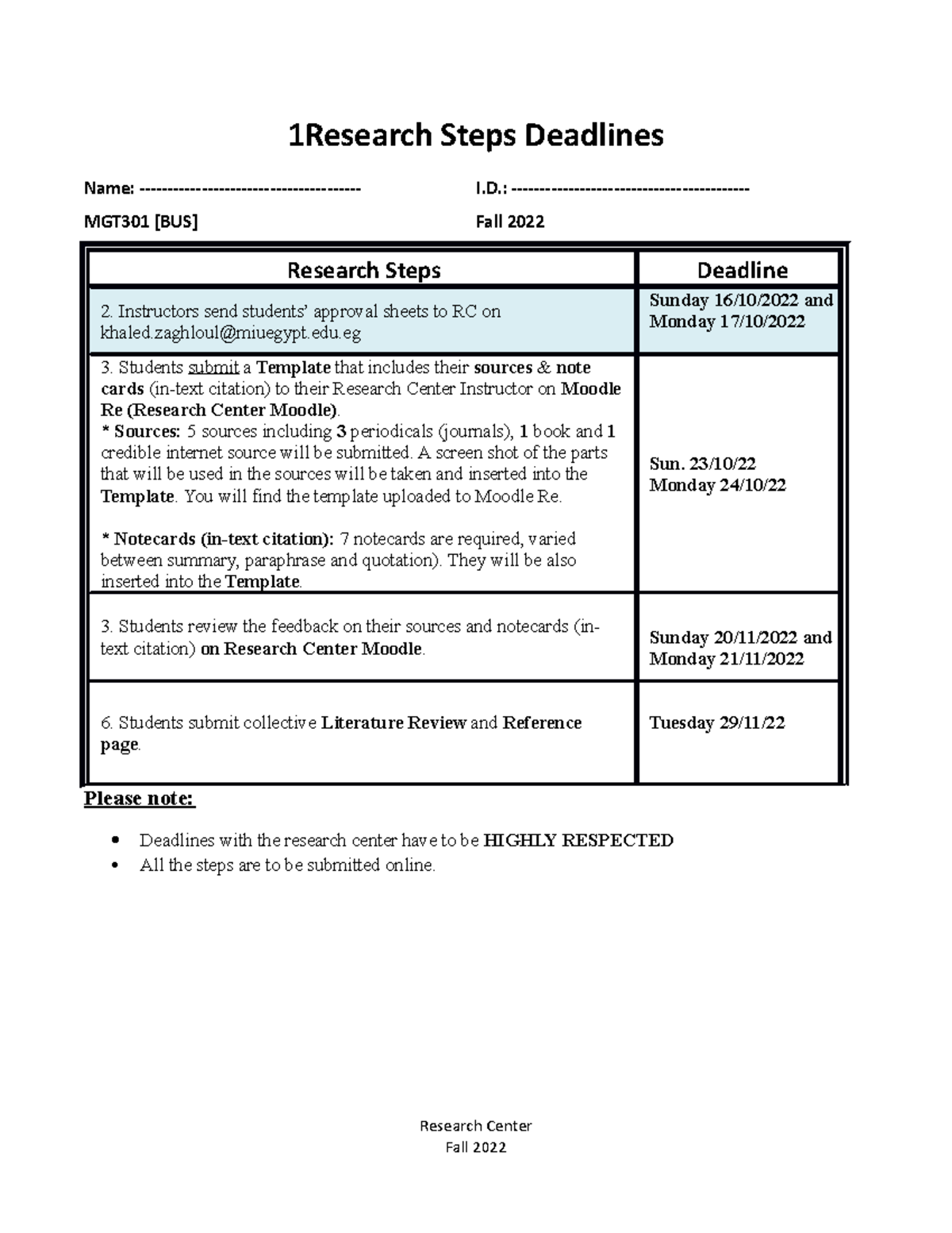3. Deadlines of research steps F22 - 1Research Steps Deadlines Name ...