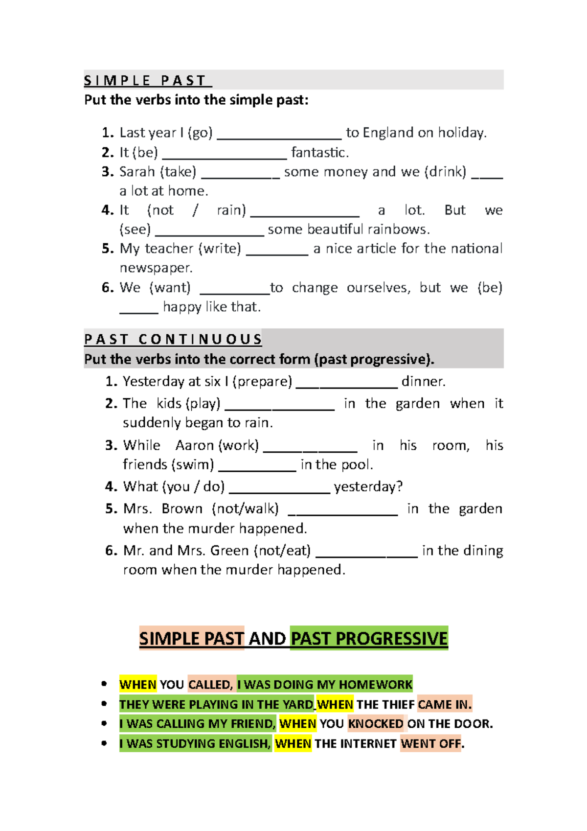 SP vs PP Exercise - nfrhjm - S I M P L E P A S T Put the verbs into the ...