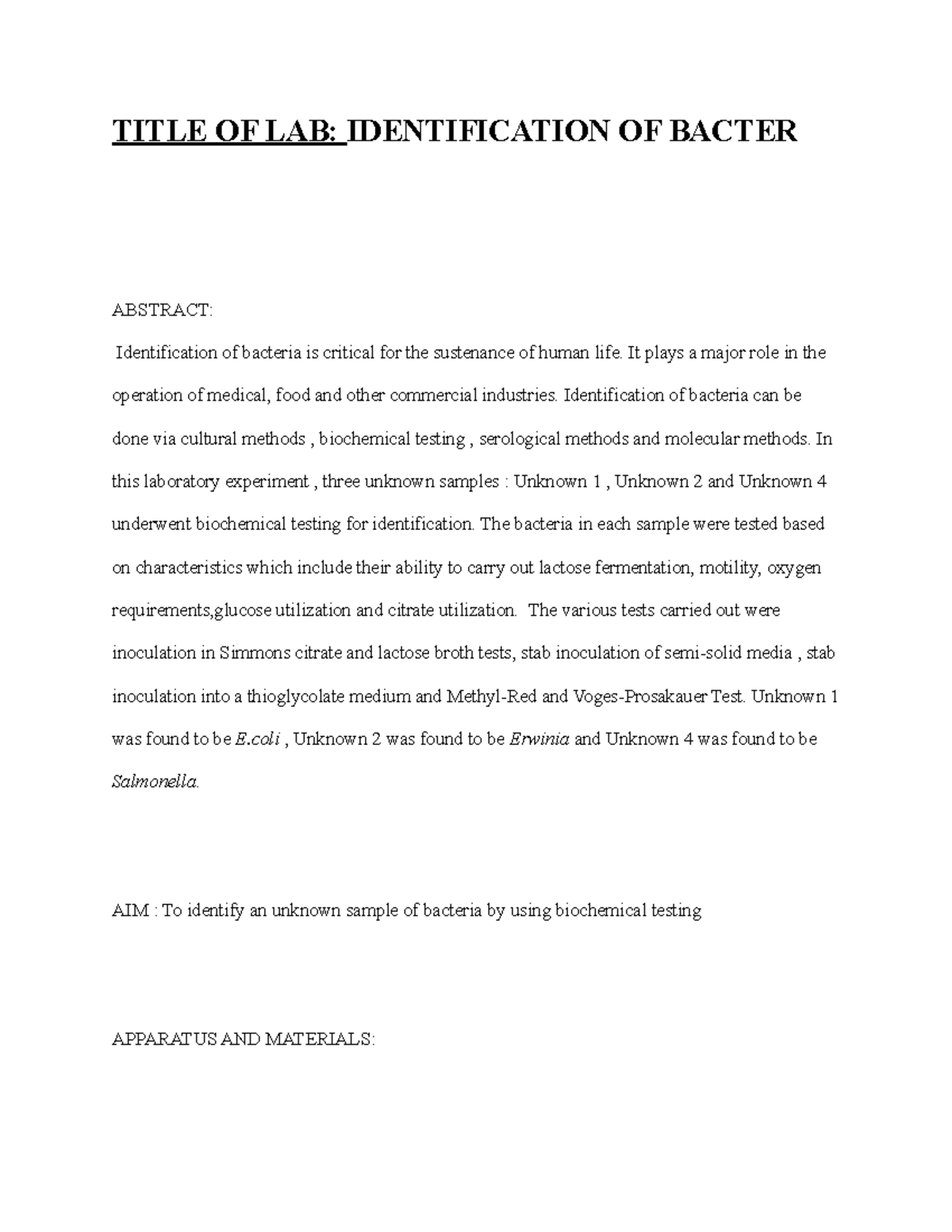 BIOL 2265 Identification OF Bacteria - TITLE OF LAB: IDENTIFICATION OF ...