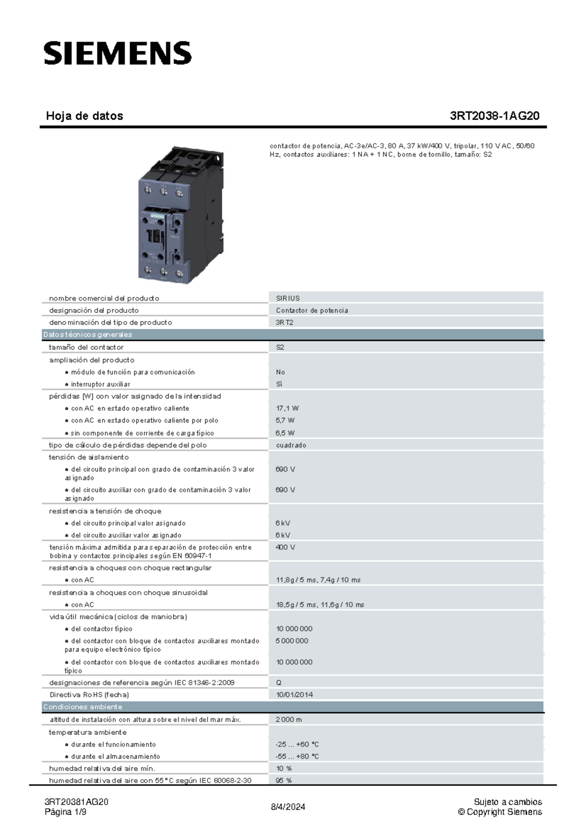 3RT20381 AG20 datasheet es - Hoja de datos 3RT2038-1AG contactor de ...