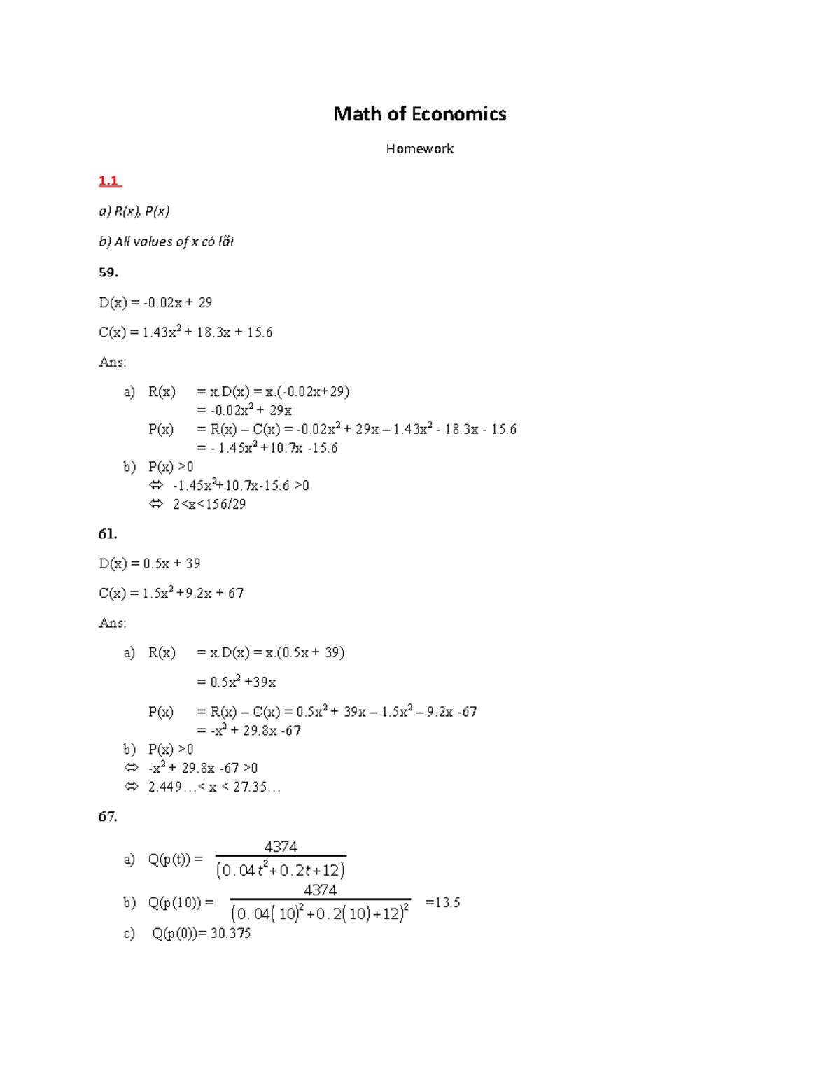 Math of Economics - home work - Math of Economics Homework 1. a) R(x ...