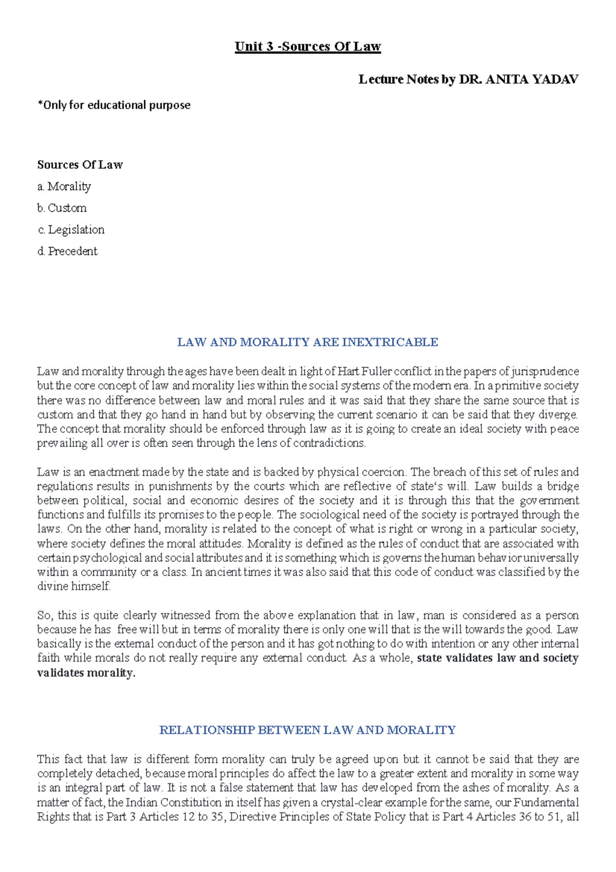 Pdf Unit 3 Law and morality - Unit 3 - Sources Of Law Lecture Notes by ...