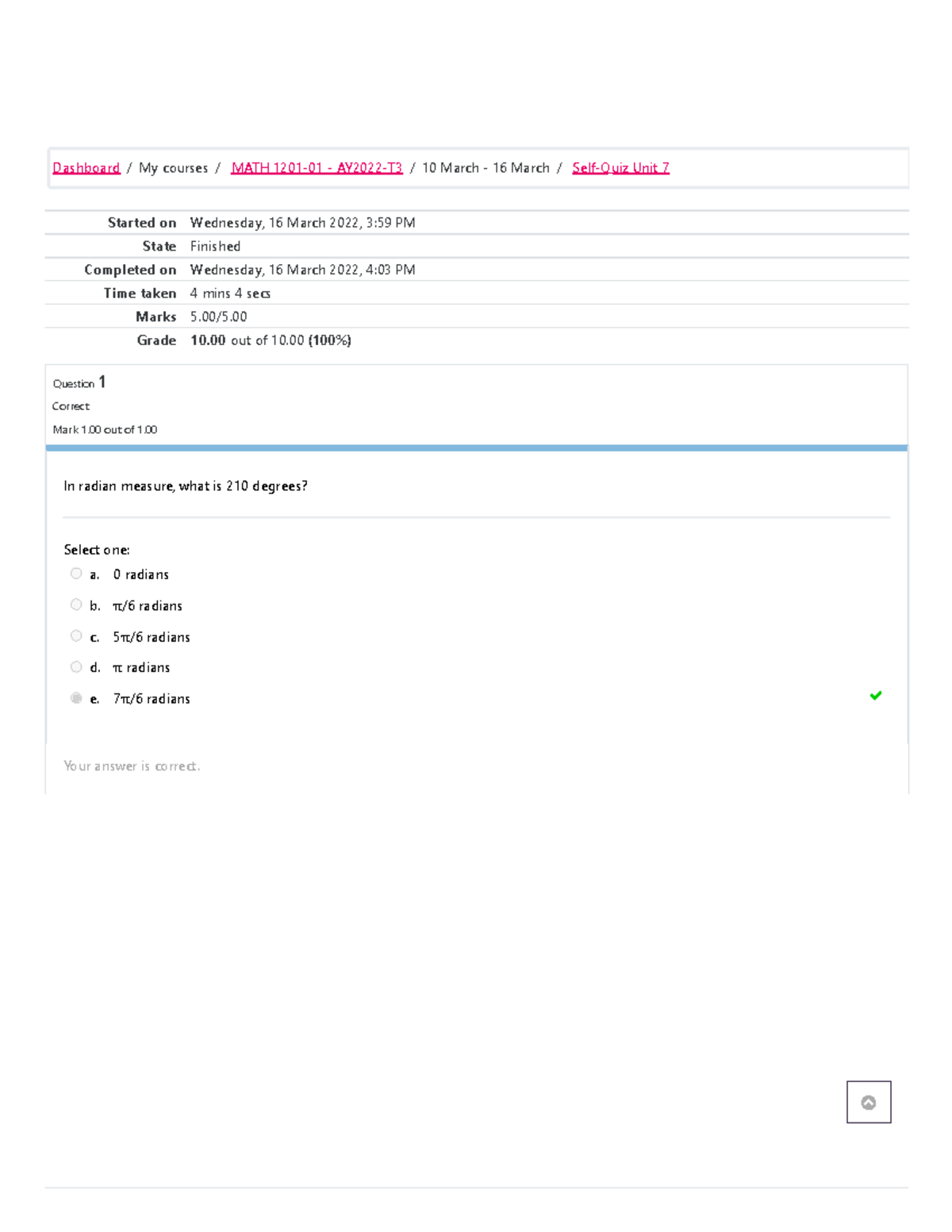 Self-Quiz Unit 7 Attempt review 111 - Dashboard My courses MATH 10 ...