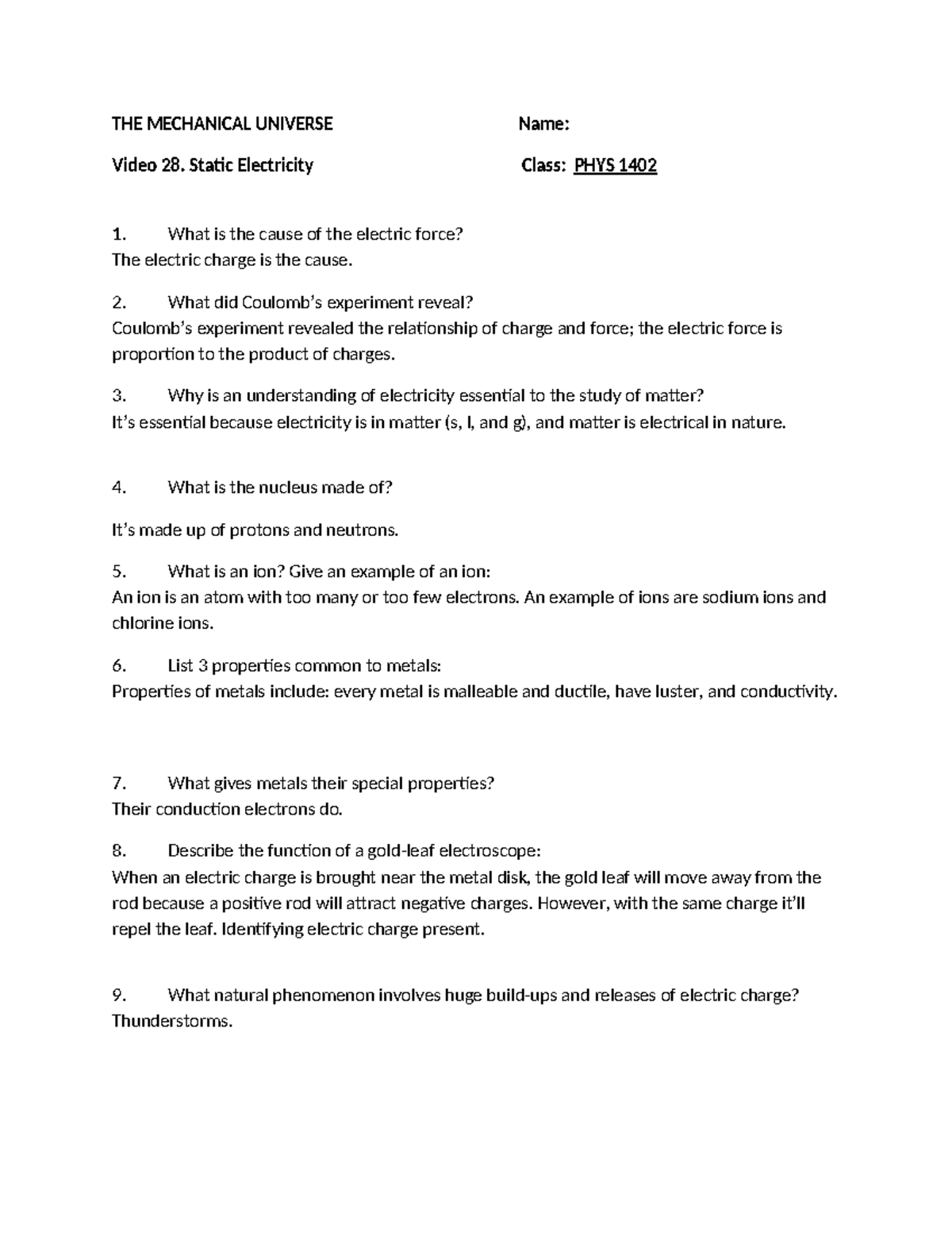 28. Static Electricity-Vid Assignment 2 - THE MECHANICAL UNIVERSE Name ...