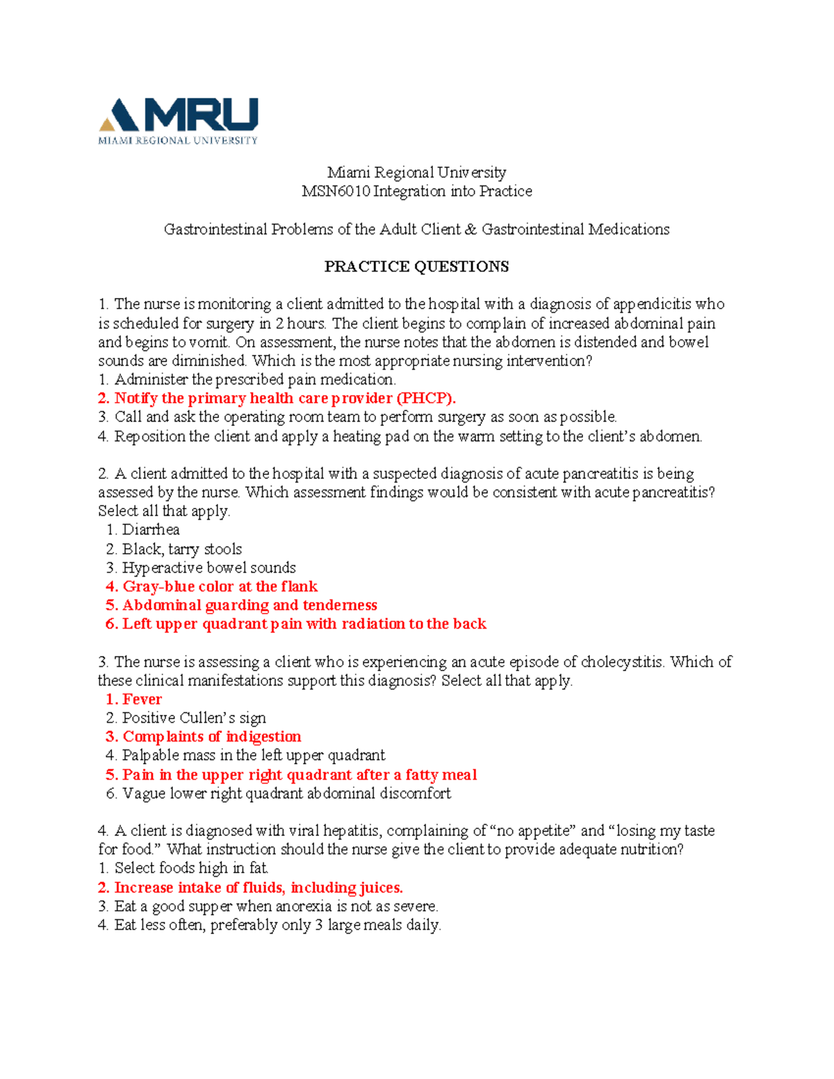 GI Practice Questions - Miami Regional University MSN6010 Integration ...