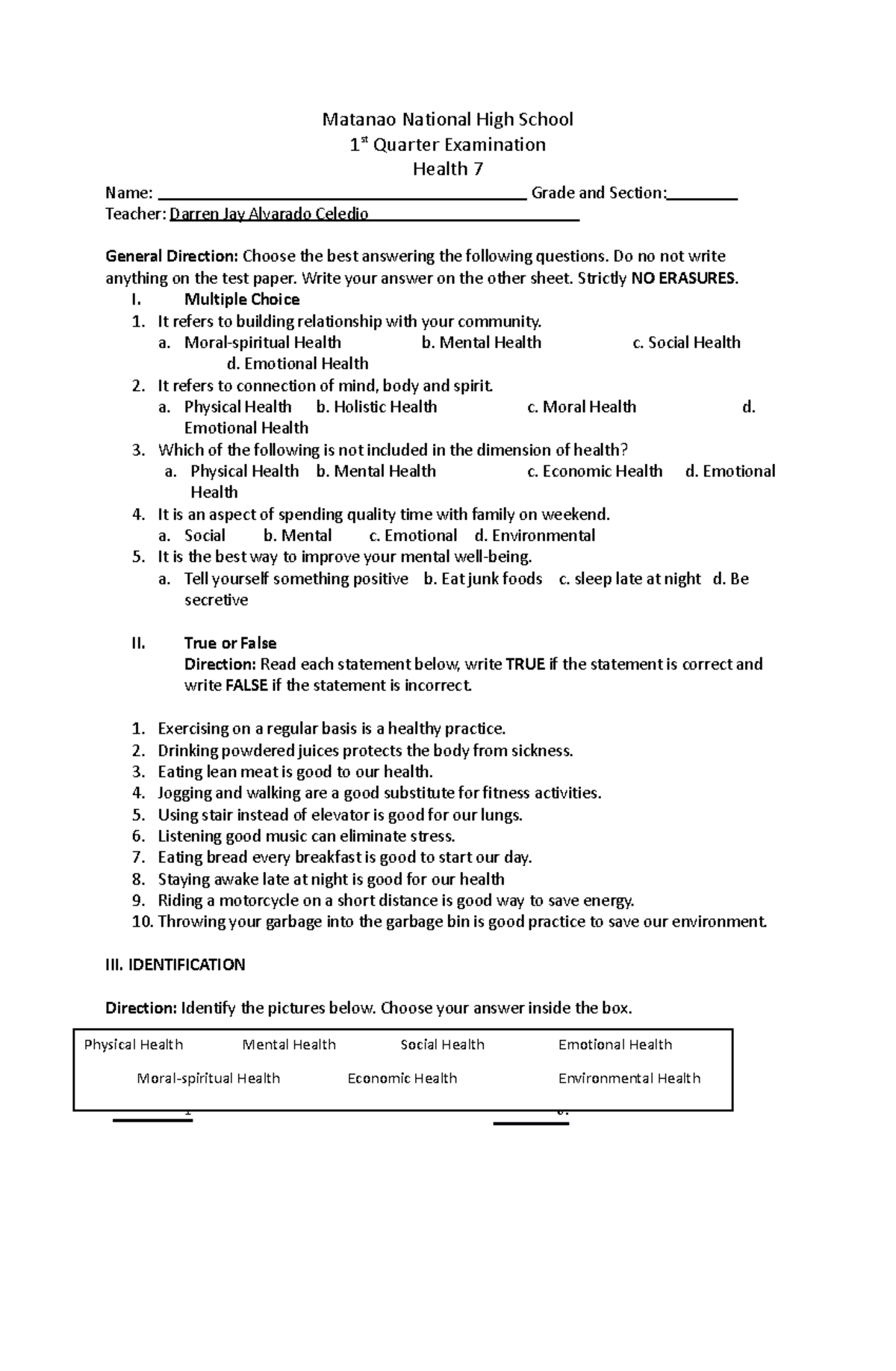 1st Quater exam - final demonstration - Matanao National High School 1 ...